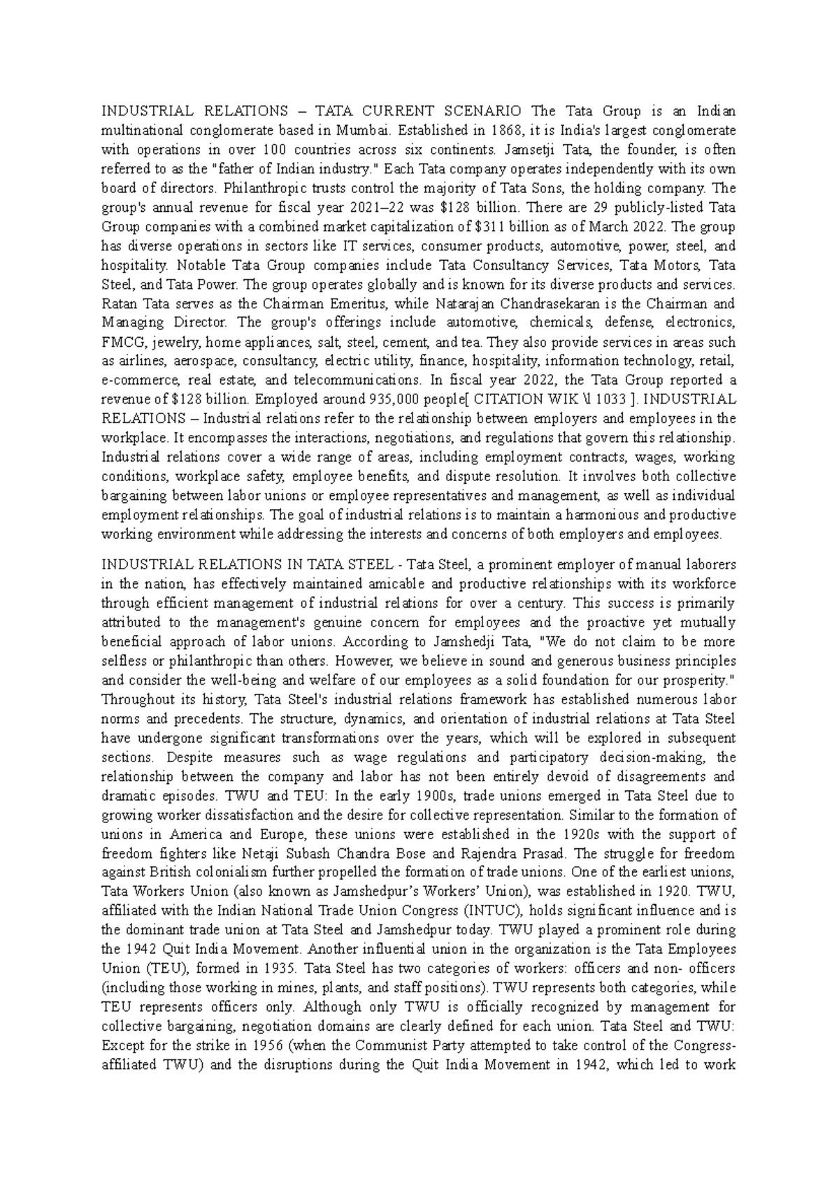 1 - vhjjb - INDUSTRIAL RELATIONS – TATA CURRENT SCENARIO The Tata Group ...