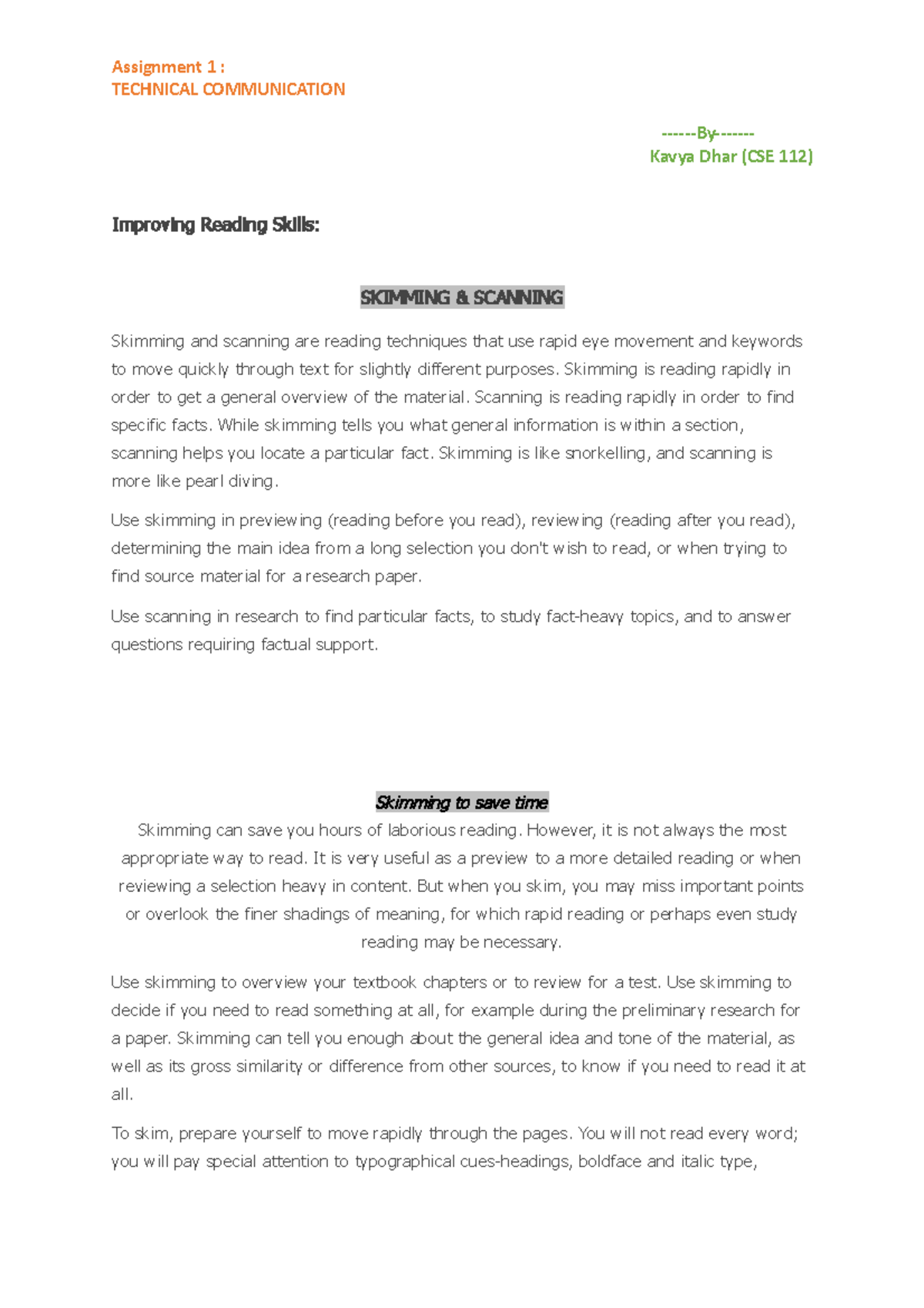 Improving Reading Skills - TECHNICAL COMMUNICATION -By- Kavya Dhar (CSE ...