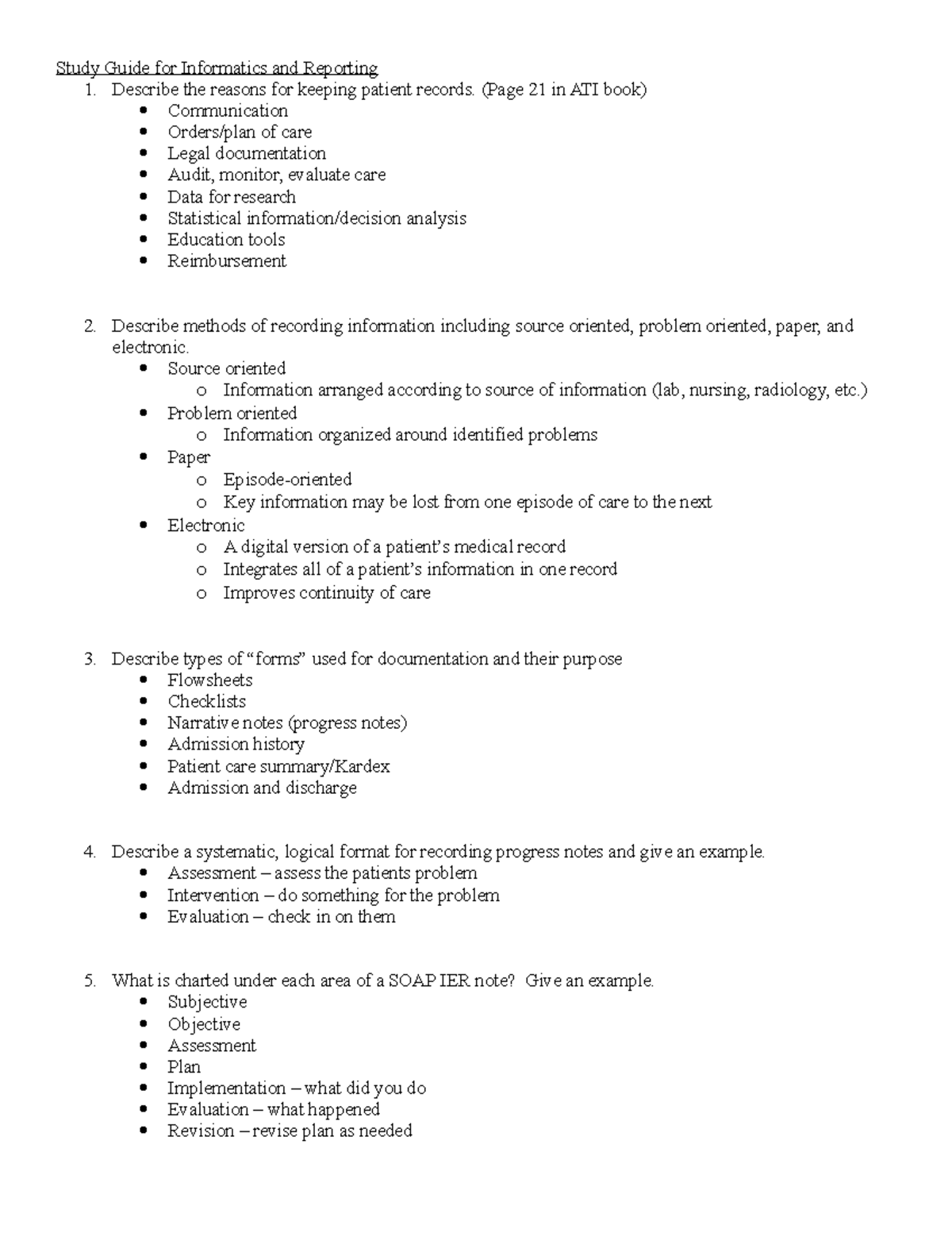 Study Guide for Exam 3 - Study Guide for Informatics and Reporting 1 ...