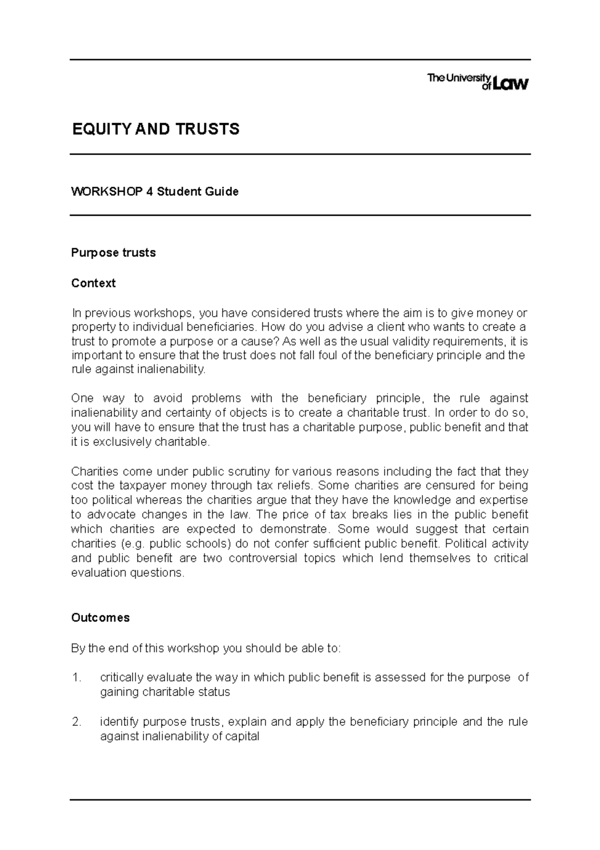 Workshop 4 Equity notes - EQUITY AND TRUSTS WORKSHOP 4 Student Guide ...