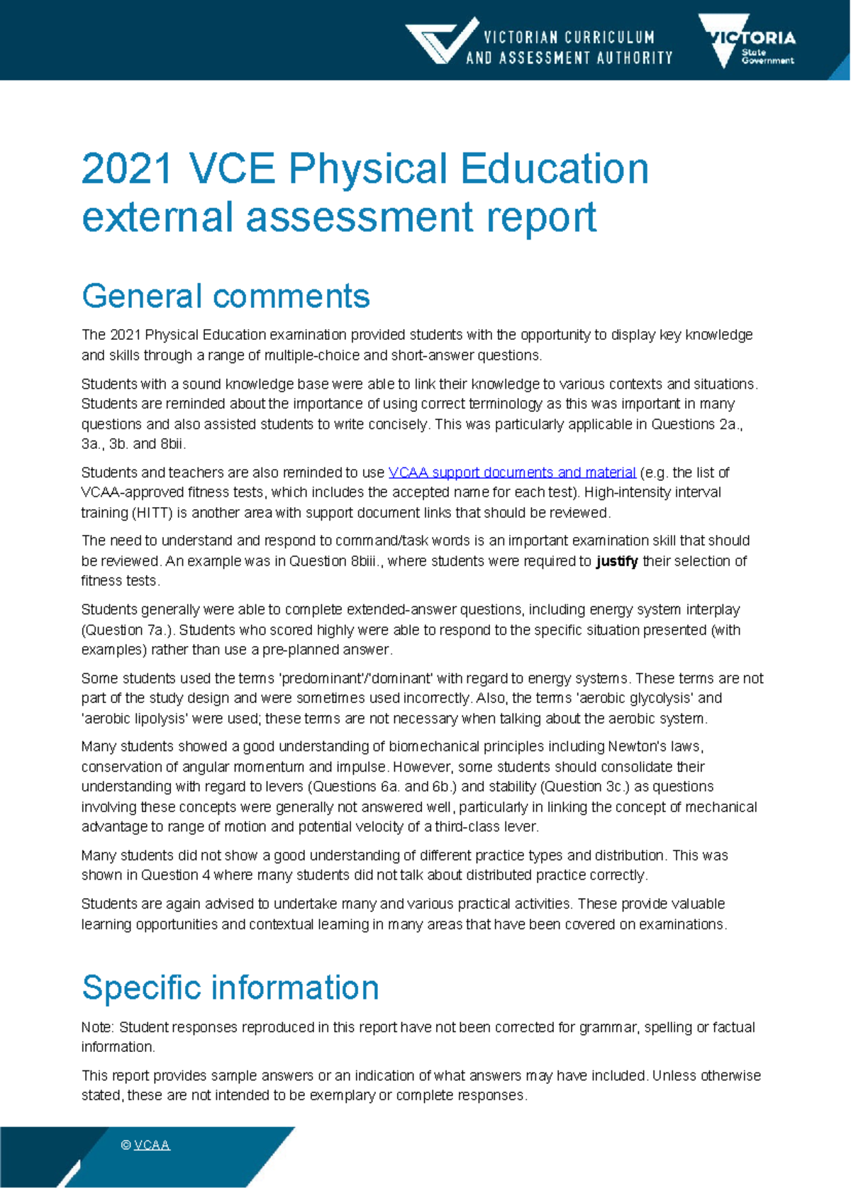2021physed-report - vcaa exam report - 2021 VCE Physical Education external assessment report ...