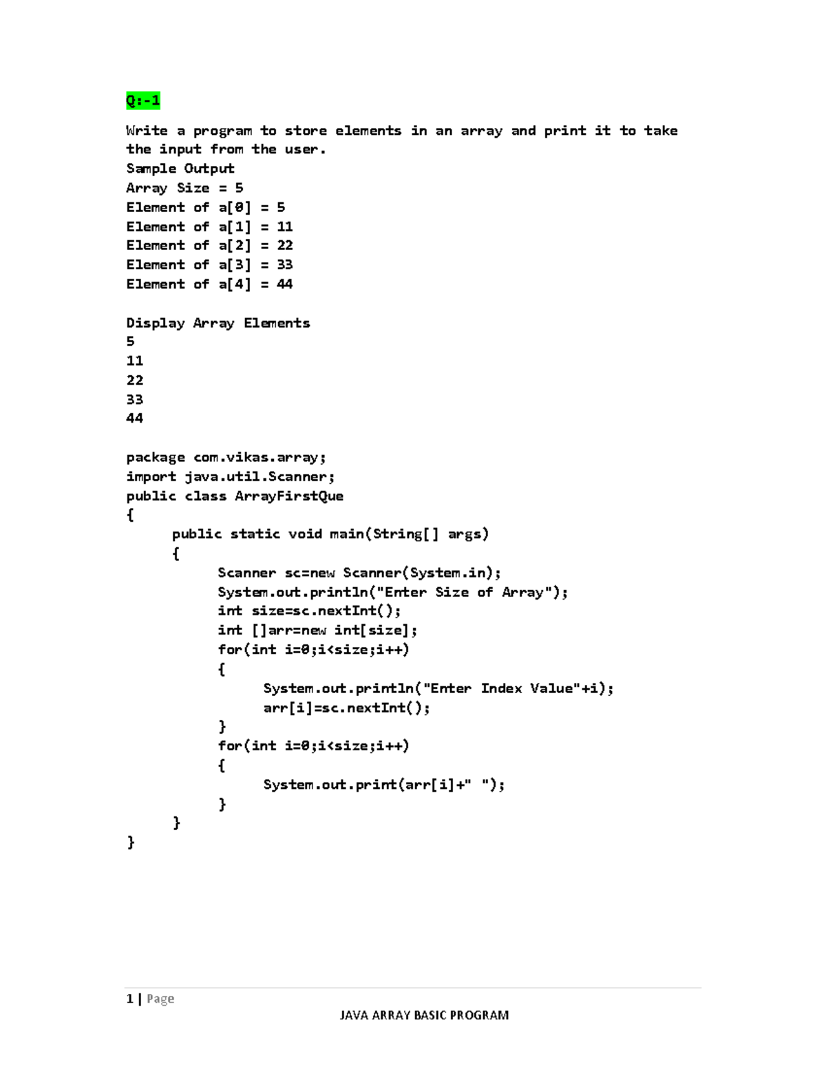 Java Array Basic Question 1 1 Page Q Write A Program To Store Elements In An Array And