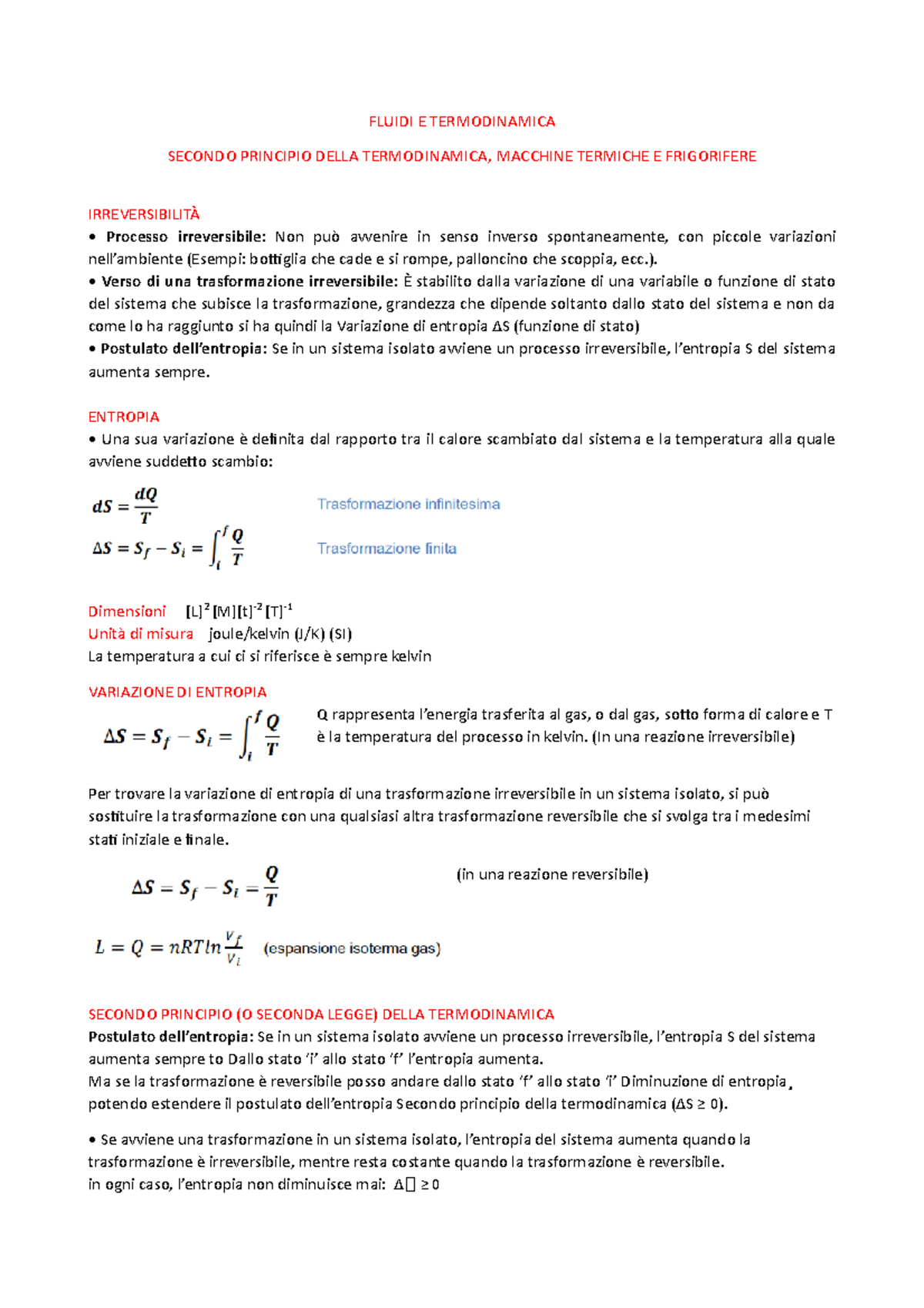 Fluidi E Termodinamica - FLUIDI E TERMODINAMICA SECONDO PRINCIPIO DELLA TERMODINAMICA, MACCHINE ...