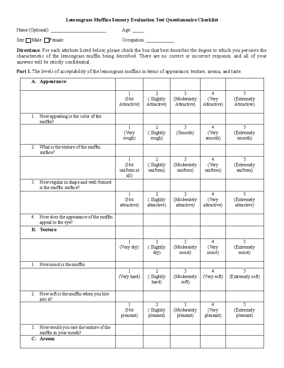 Lemongrass Muffins Sensory Evaluation Test Questionnaire Checklist ...