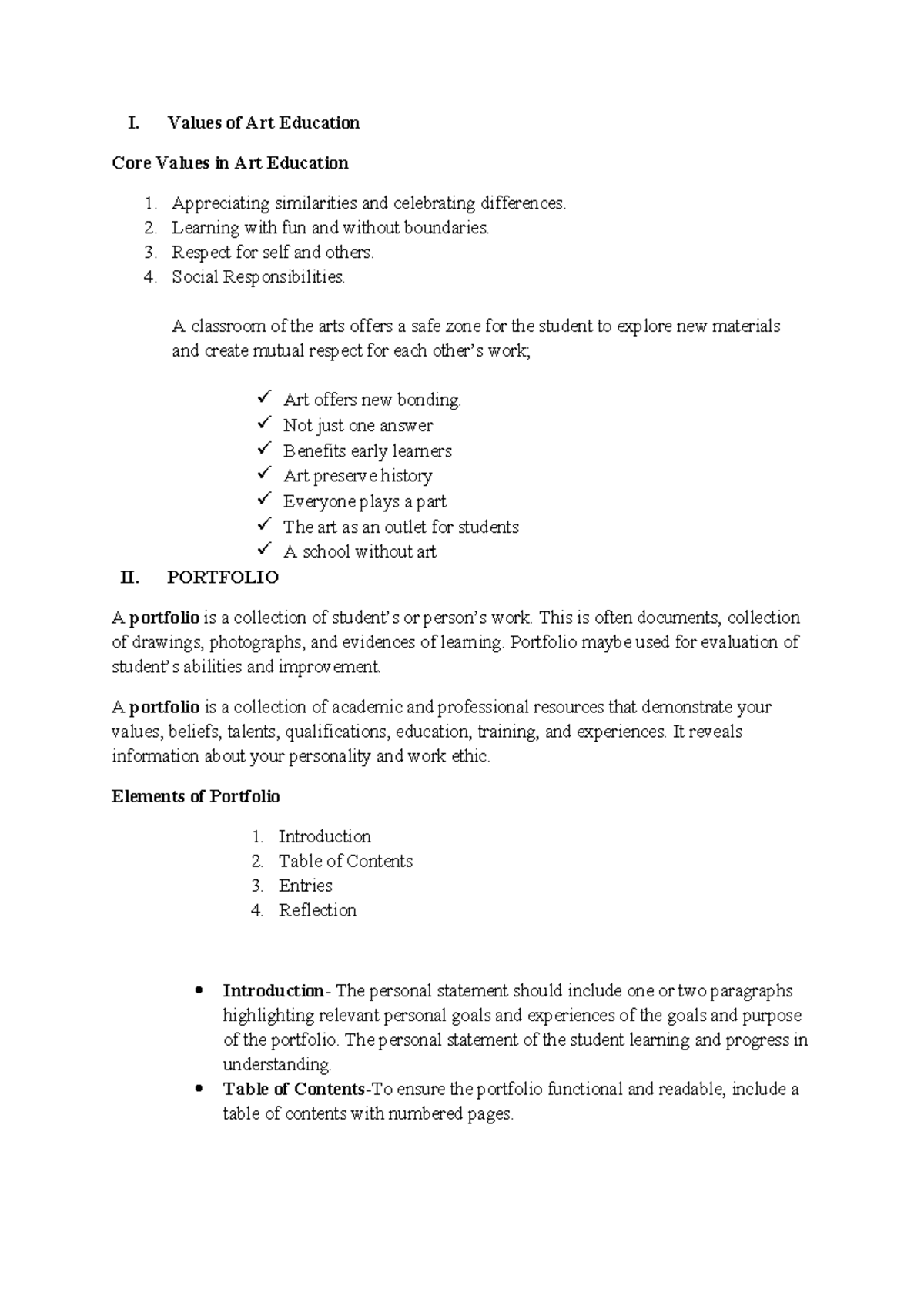 ART-Summary - I. Values of Art Education Core Values in Art Education ...