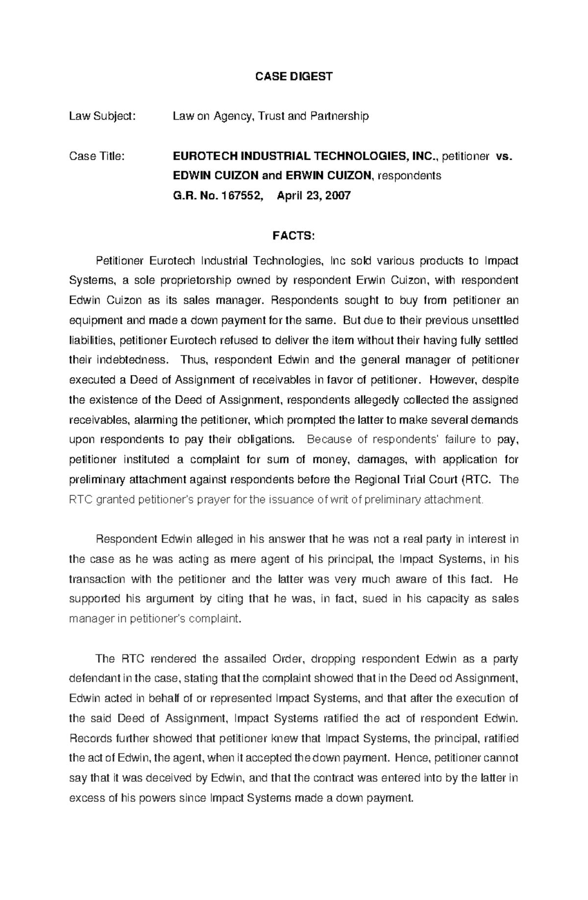 Eurotech Industrial Technologies vs. Cuizon, 521 SCRA 584 - Case Digest - CASE DIGEST Law ...