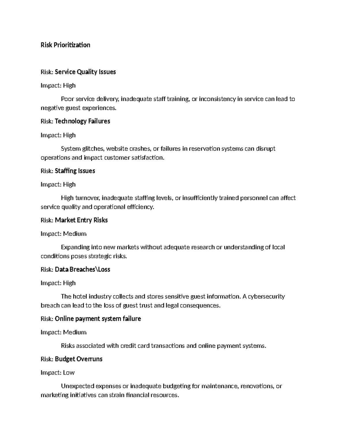 Risk prio and quali - Risk Prioritization Risk: Service Quality Issues ...