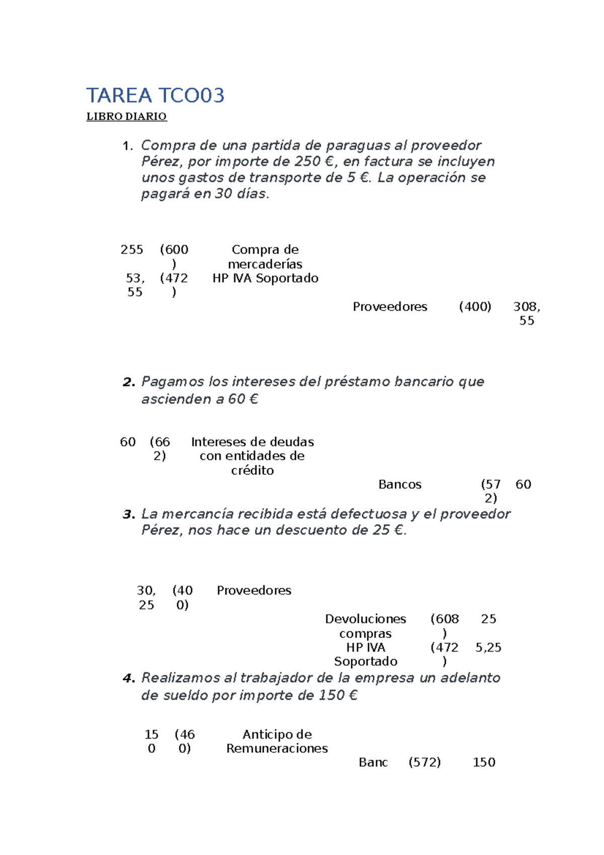 TCO03 - TAREA TCO LIBRO DIARIO 1. Compra de una partida de paraguas al ...