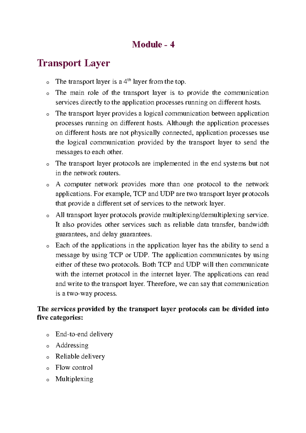 Module IV CN - All lectures - Module - 4 Transport Layer o The ...