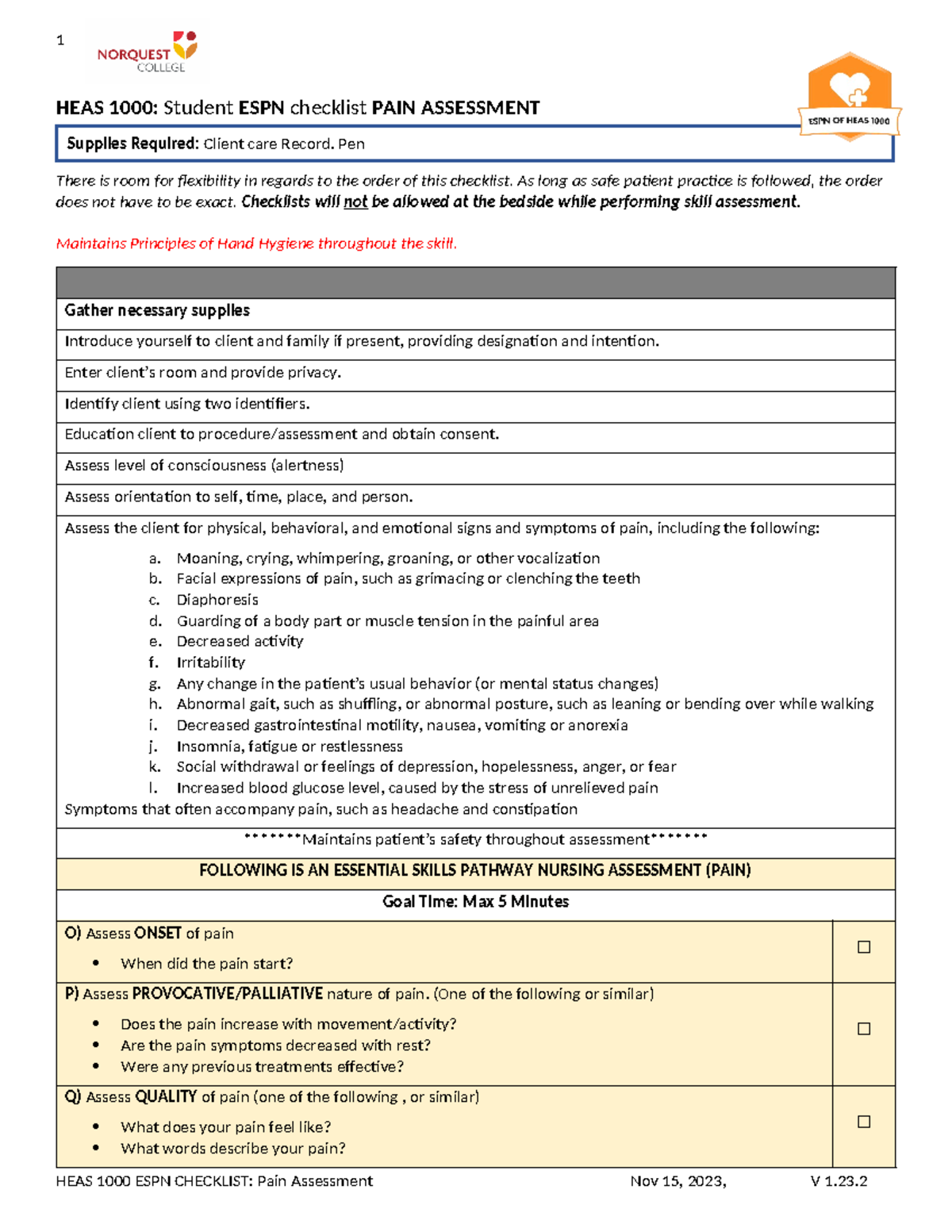Student HEAS 1000 ESPN Pain Checklist V1 - 1 HEAS 1000: Student ESPN ...