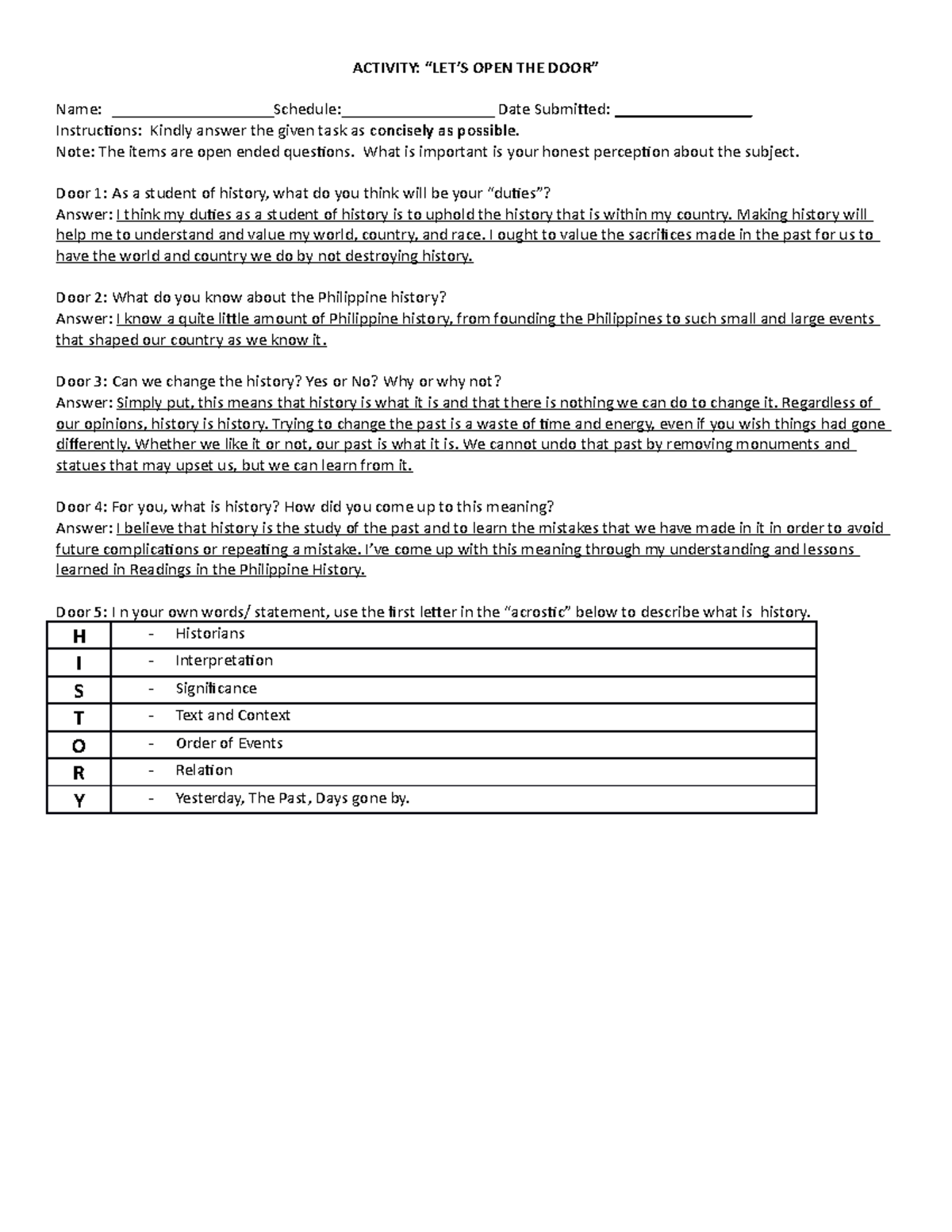 Studuo - answer - ACTIVITY: “LET’S OPEN THE DOOR” Name: _Schedule: Date ...