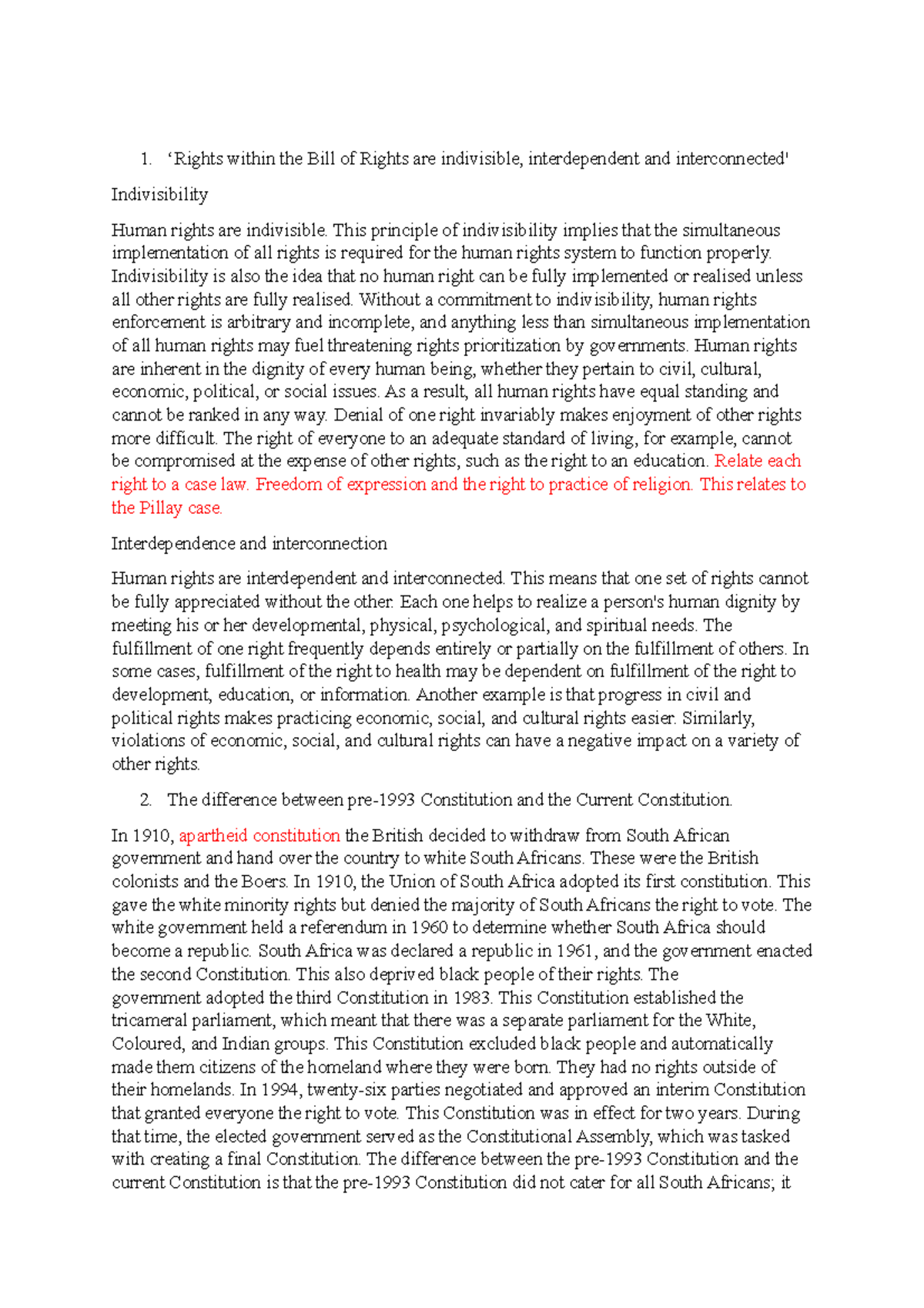 Tutorial 2 Block 2 - ‘Rights within the Bill of Rights are indivisible ...