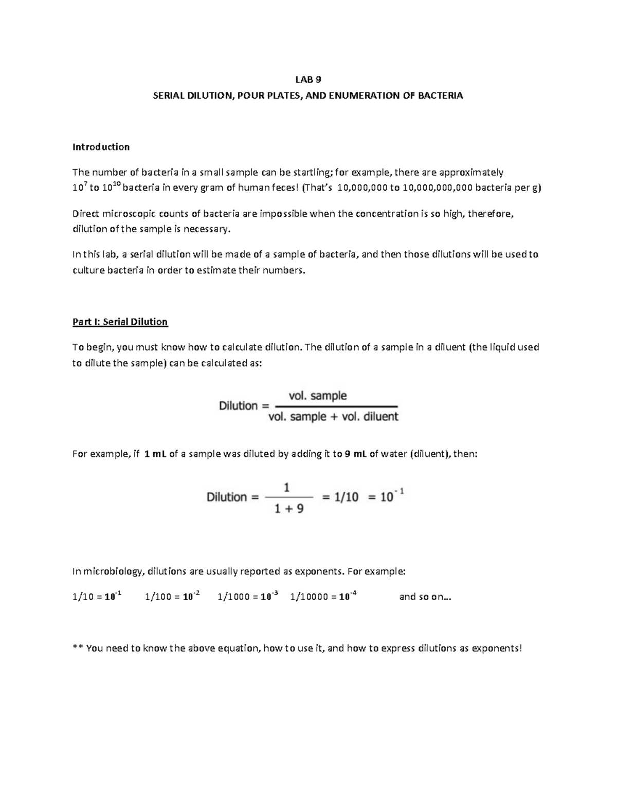 LAB 9 BIO 215L - very resourceful - LAB 9 SERIAL DILUTION, POUR PLATES ...