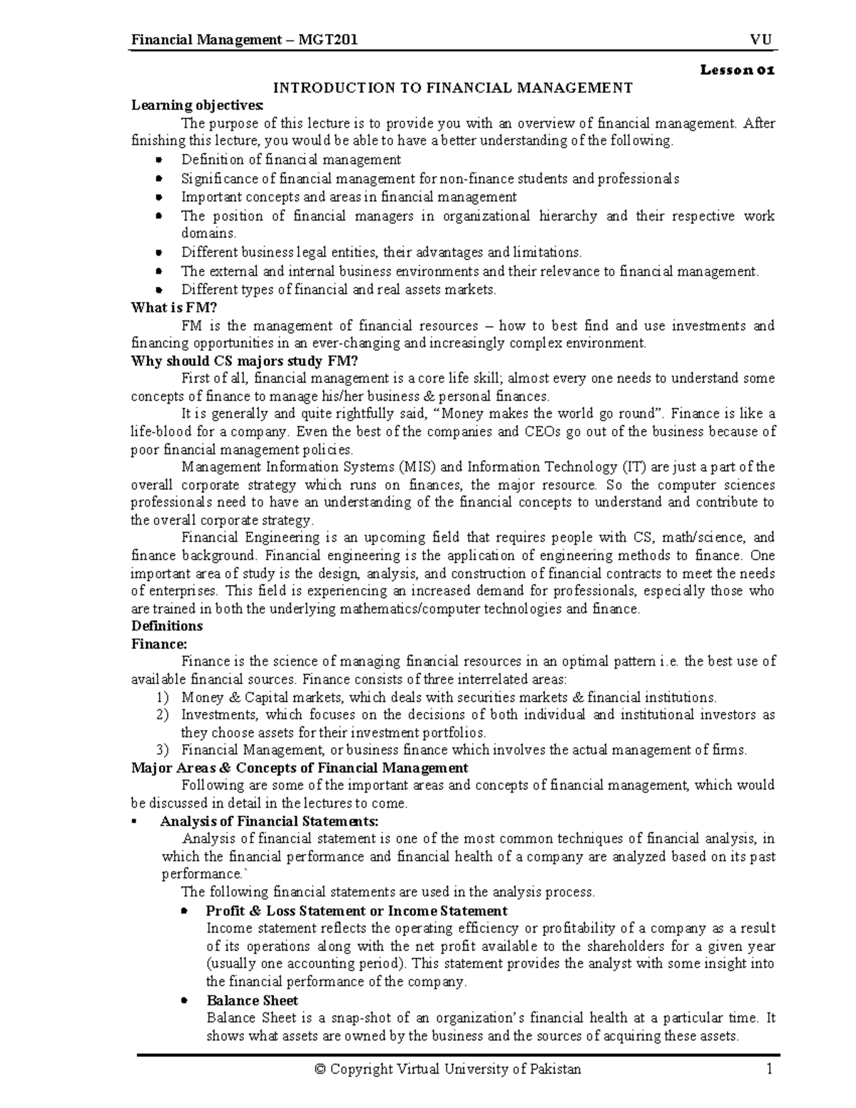 MGT201 Financial Management Handouts Pdf - Lesson 01 INTRODUCTION TO FINANCIAL MANAGEMENT ...