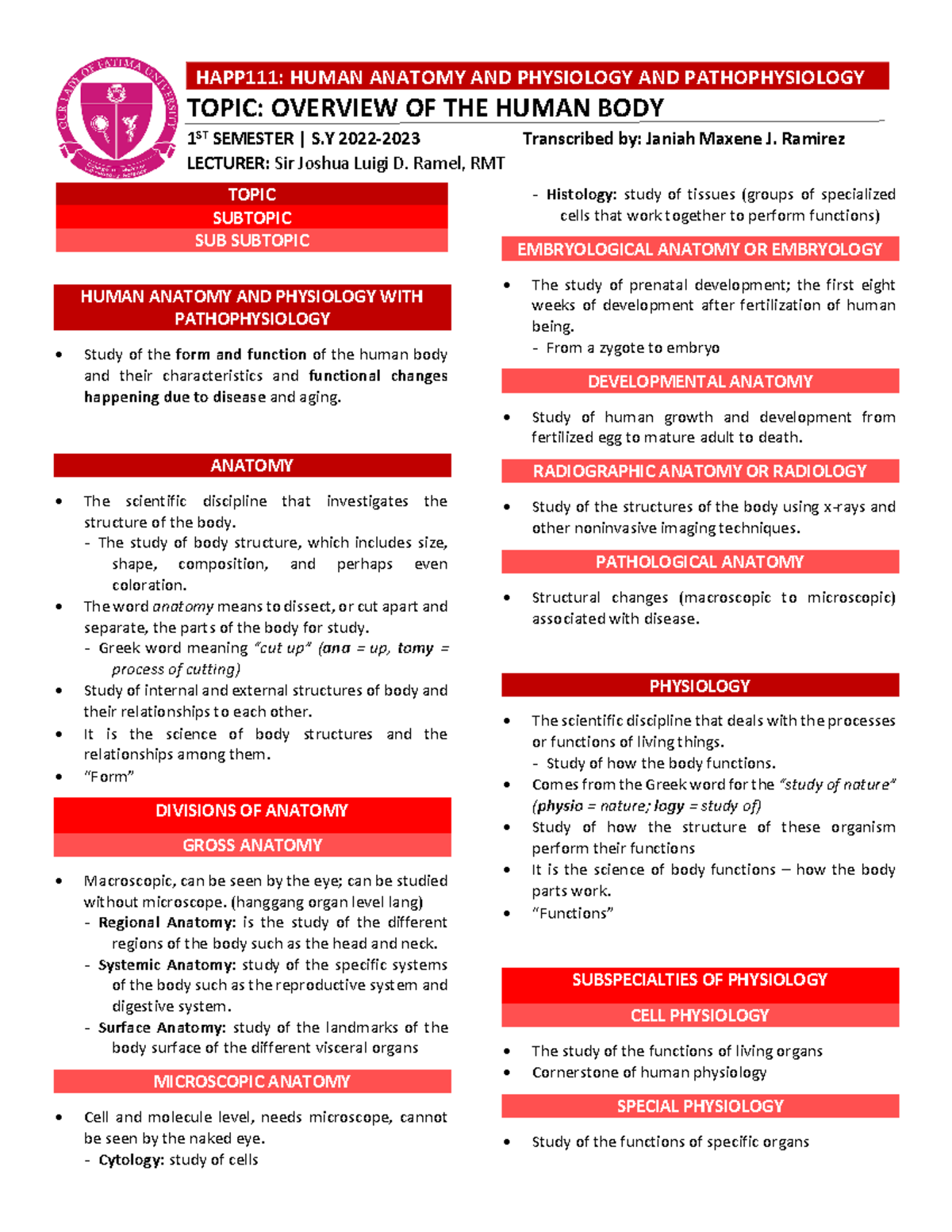 HAPP Lesson 1 Overview OF THE Human BODY - TOPIC SUBTOPIC SUB SUBTOPIC ...