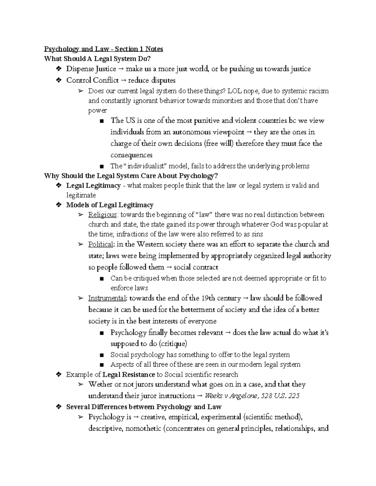 Psy 472 Legal Psych Notes - Psychology and Law - Section 1 Notes What ...