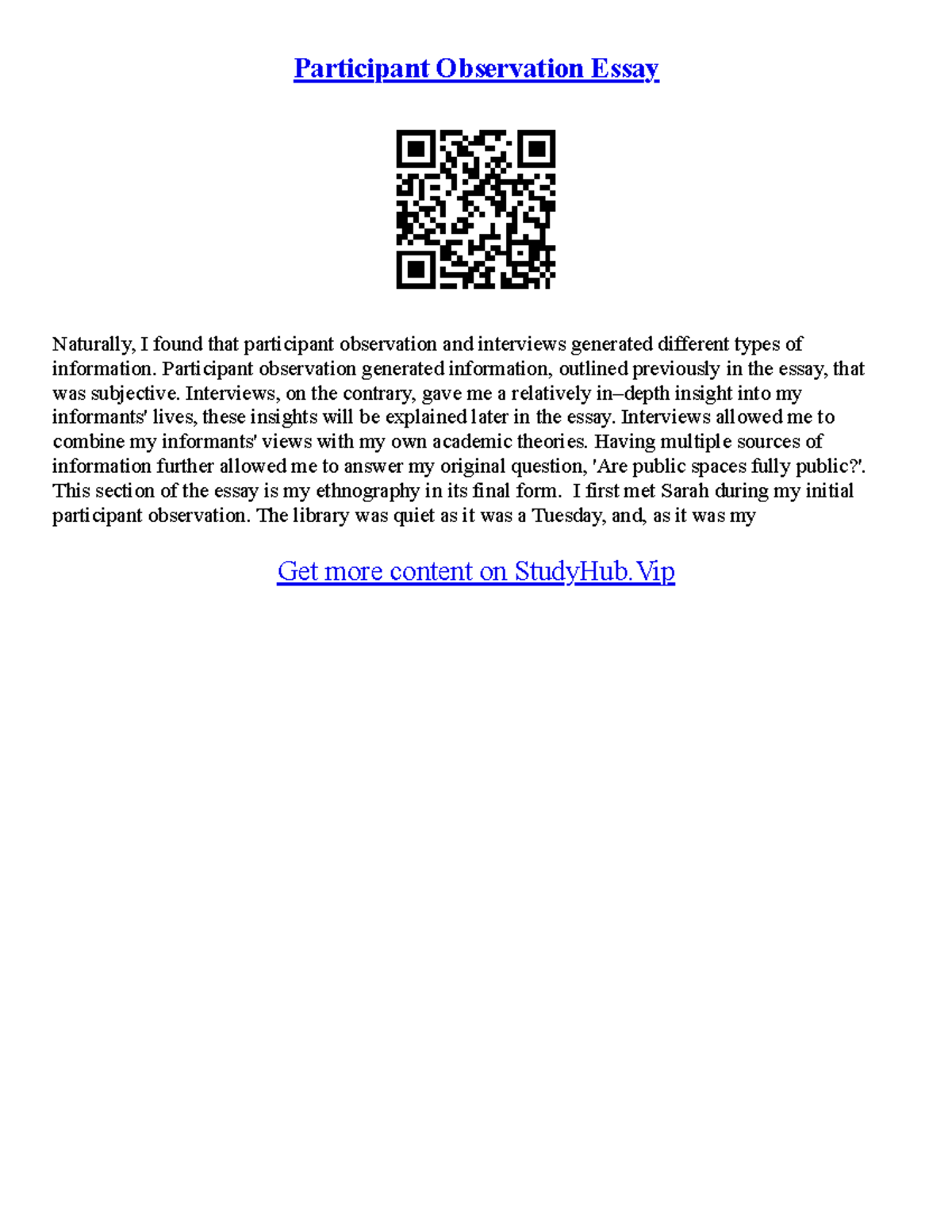 Sample Exploratory Essay - Participant Observation Essay Naturally, I ...