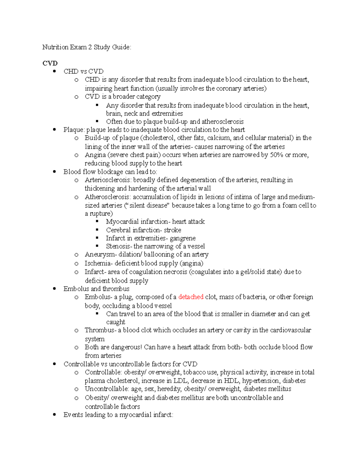 Nutrition Exam 2 Study Guide - Nutrition Exam 2 Study Guide: CVD CHD vs ...