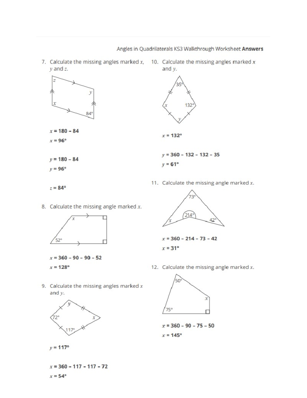 Year 5 Math Booklet - Angles in Quadrilaterals answers - LAST 351 ...