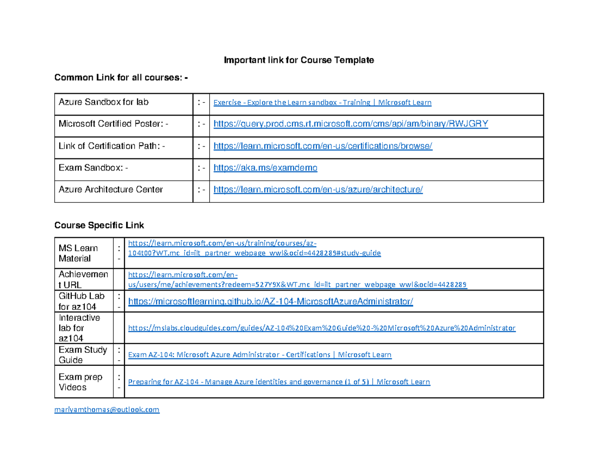 AZ 104 - Important Linkthinksmart - Important link for Course Template ...