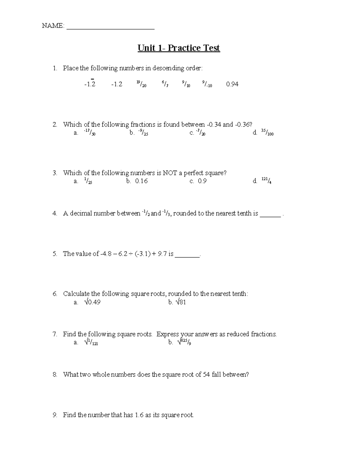 Unit 1 Practice Exam - This is a review for Math 9 Alberta Program of ...