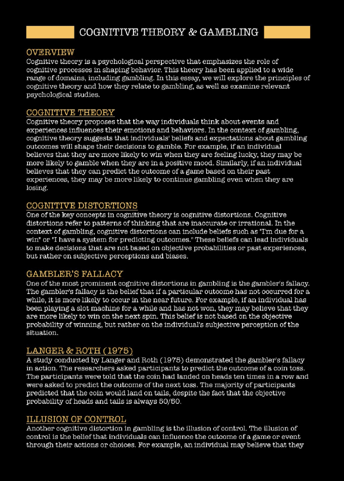 Cognitive Theory and Gambling - Lecture Notes - 18205 - Studocu