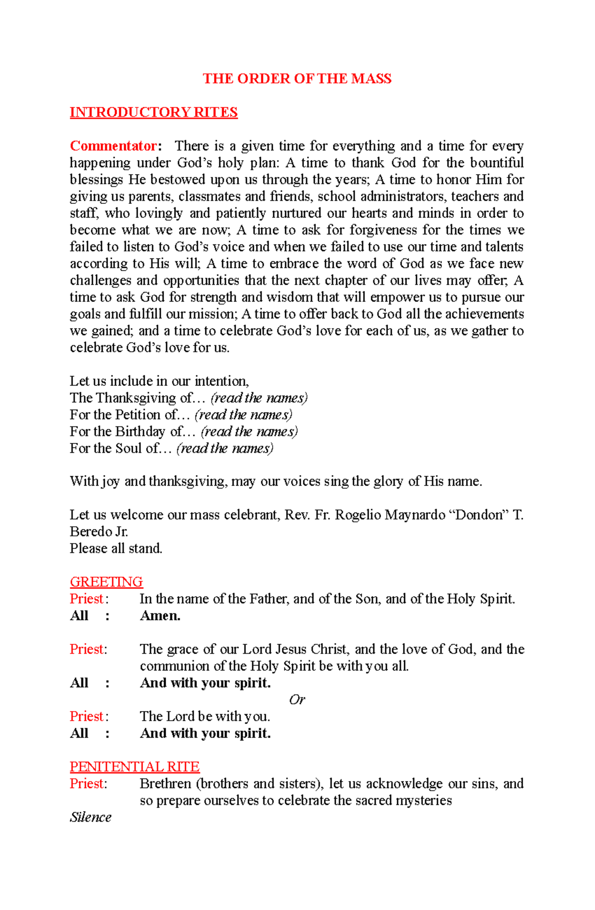 THE Order OF THE MASS - Mass - THE ORDER OF THE MASS INTRODUCTORY RITES ...