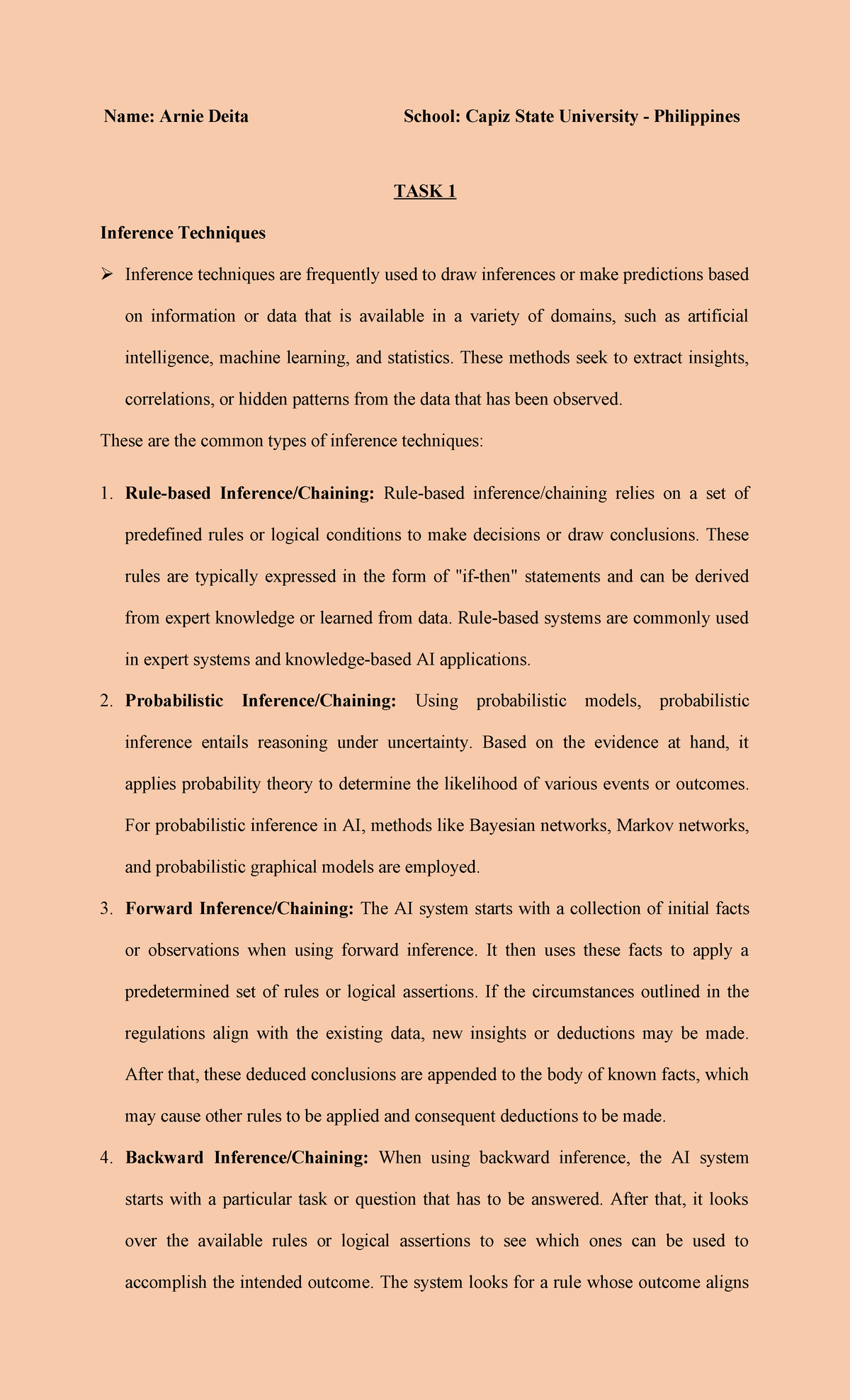 Inference Techniques - Summary Computer Science - TASK 1 Inference Techniques Inference ...