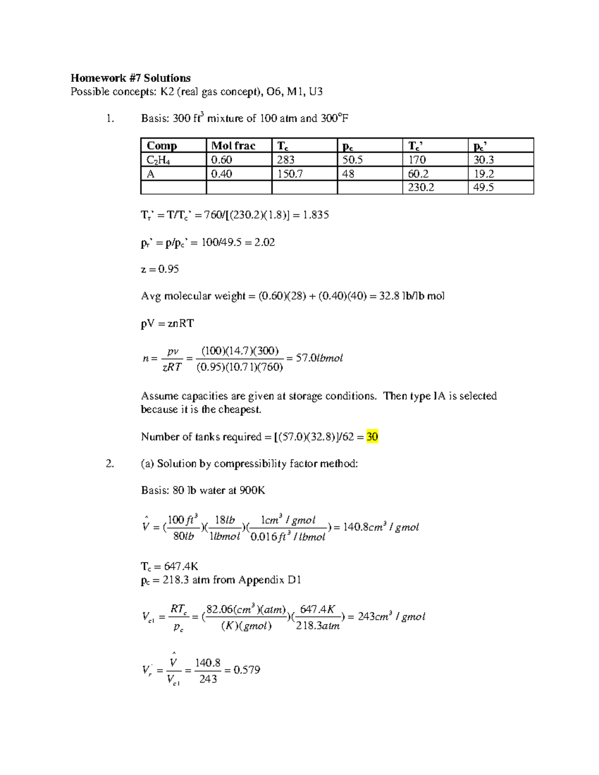 Homework 7 Solutions - Homework #7 Solutions Possible concepts: K2 (real gas concept), O6, M1, U ...