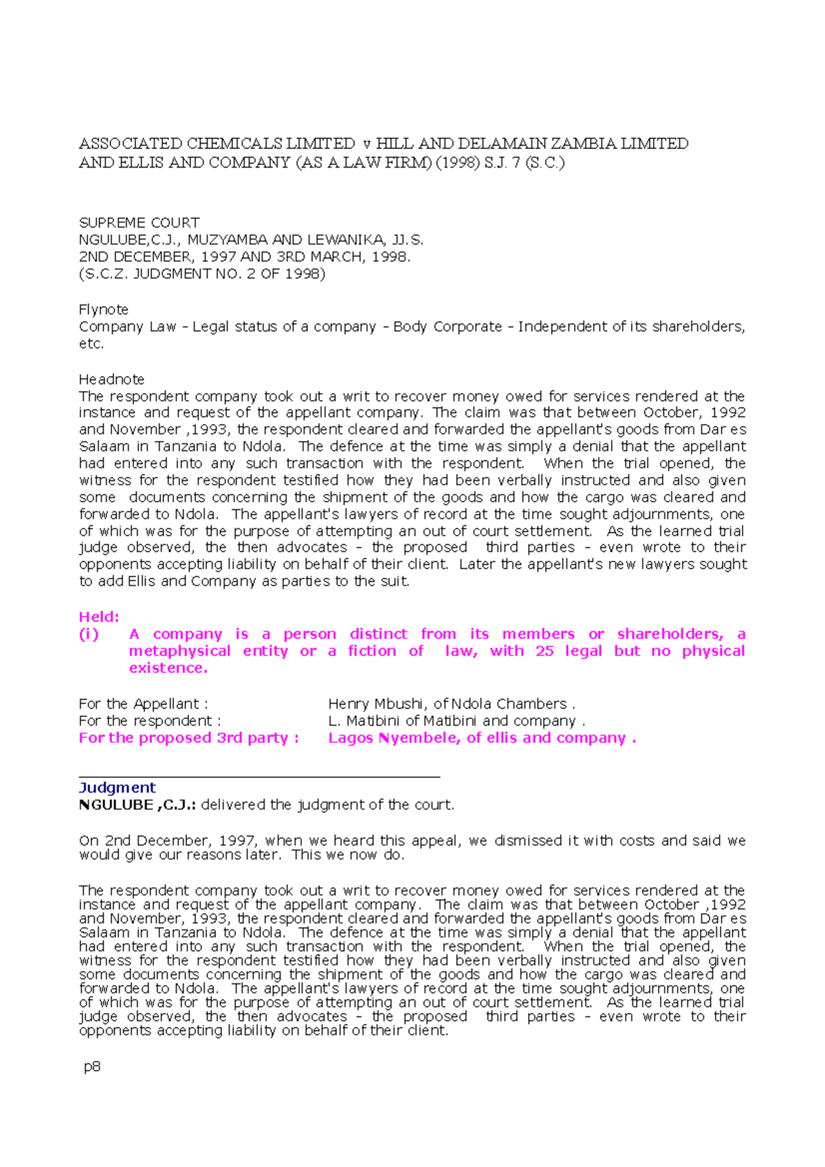 Associated Chemicals Limited V HILL AND Delamain Zambia Limited