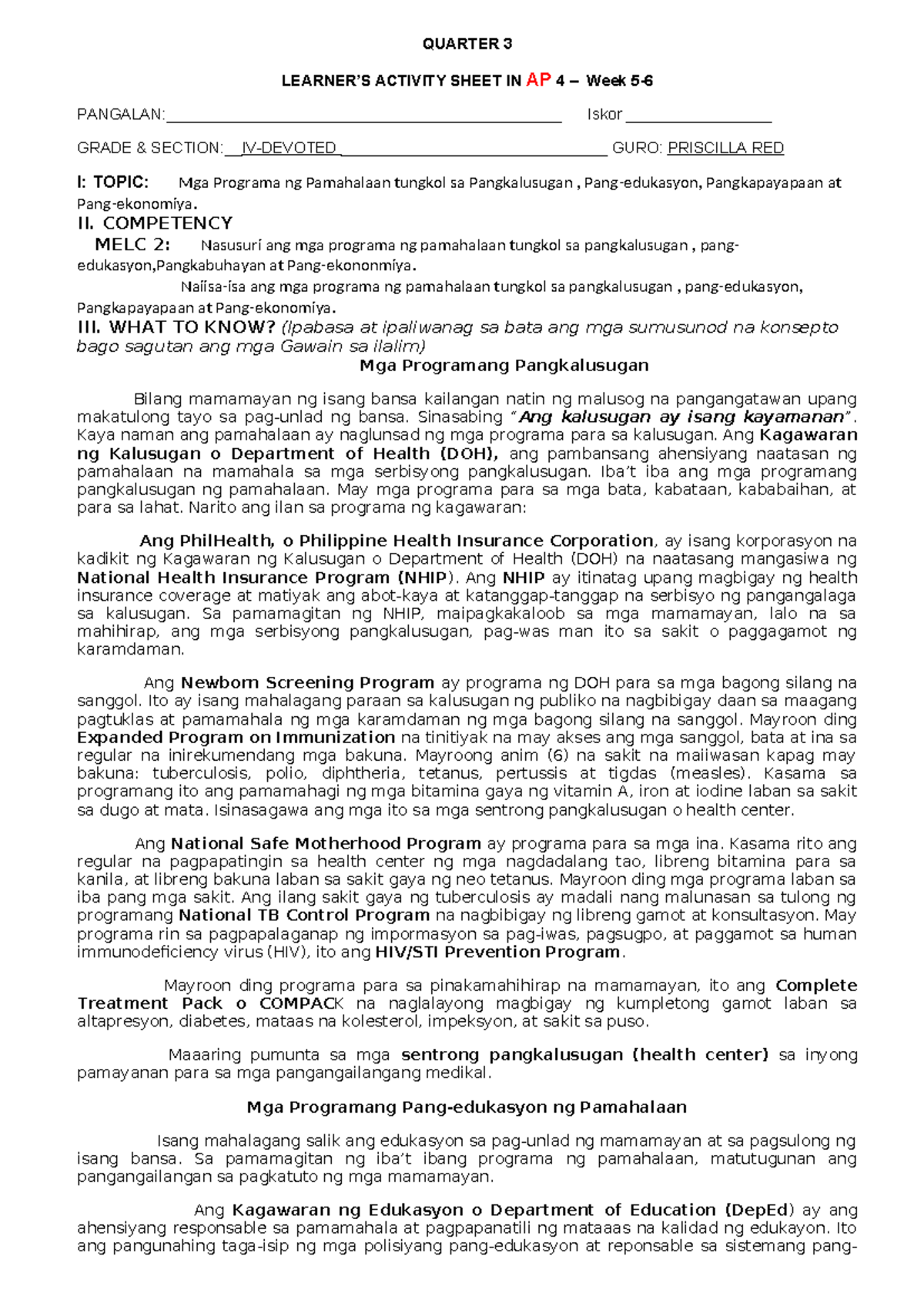 LAS AP Q3 Wk 5 6 Copy - LAS AP Q3 Wk 5 6 Copy - QUARTER 3 LEARNER’S ACTIVITY SHEET IN AP 4 ...