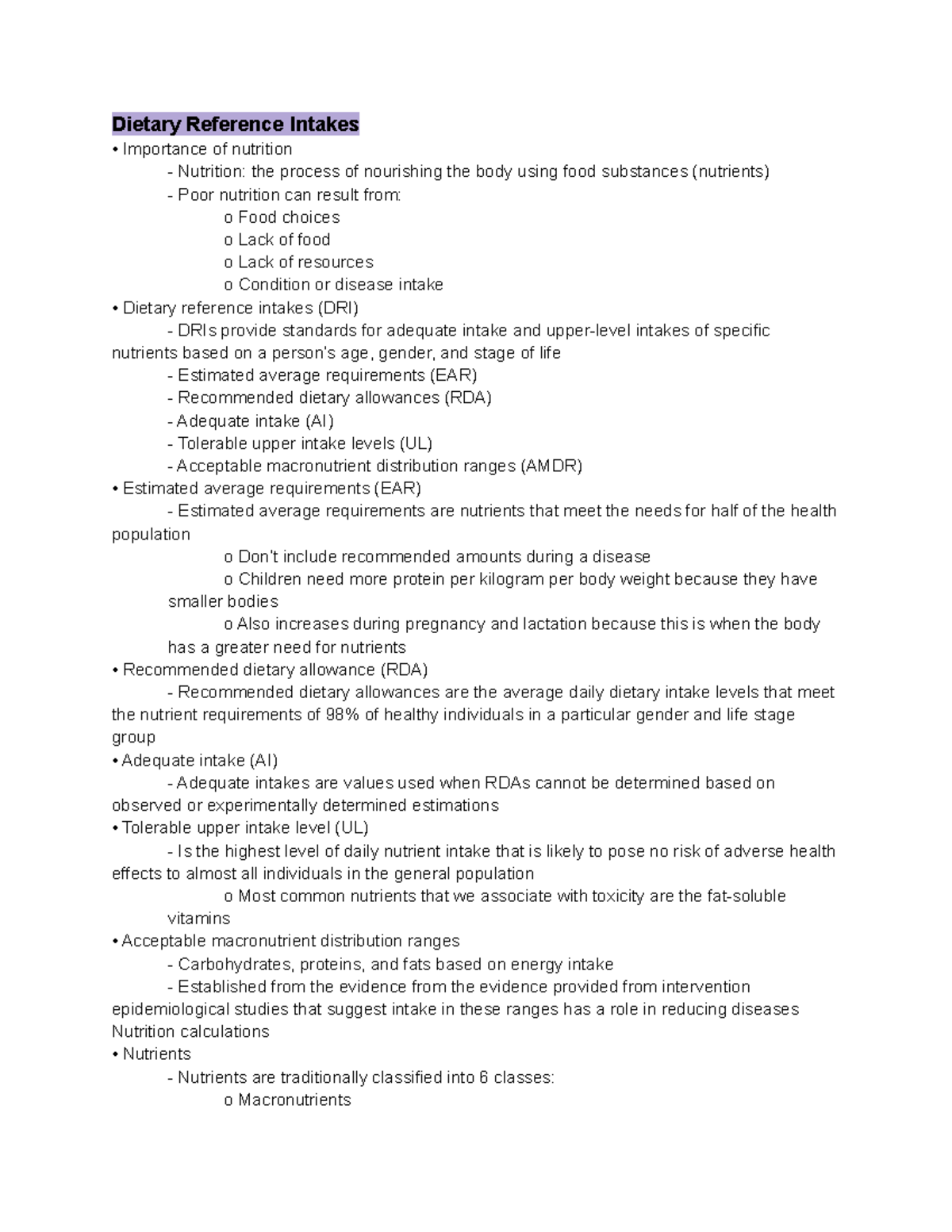 Module 2 - dietary refernce intakes NTR - Dietary Reference Intakes Importance of nutrition ...