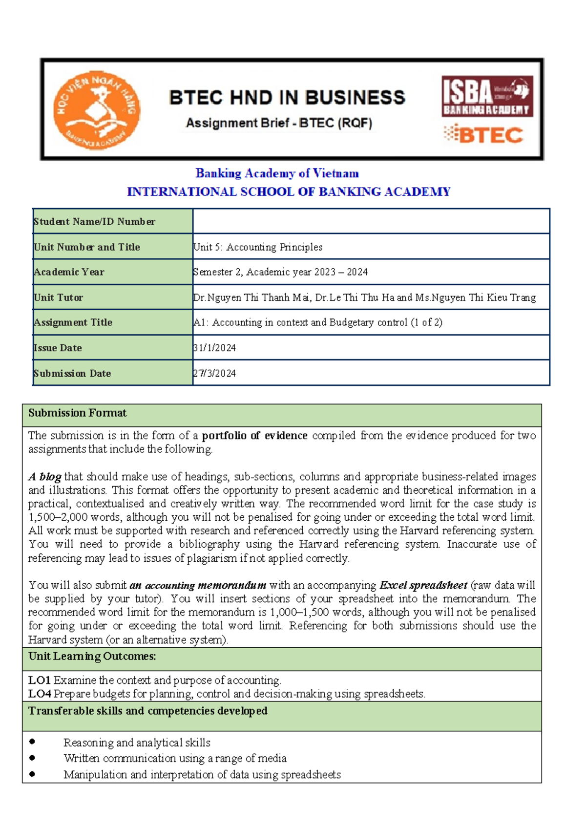 Assignment brief - Student Name/ID Number Unit Number and Title Unit 5: Accounting Principles ...