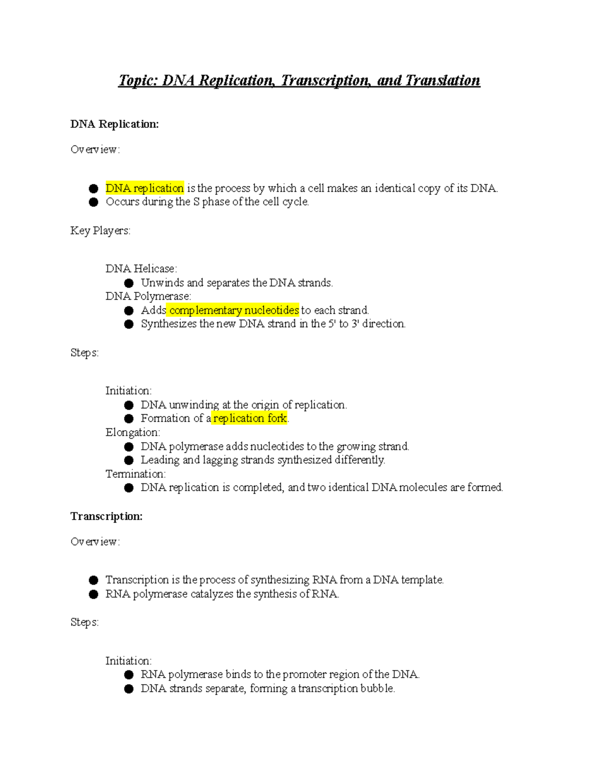 Topic DNA Replication, Transcription, and Translation - Occurs during ...