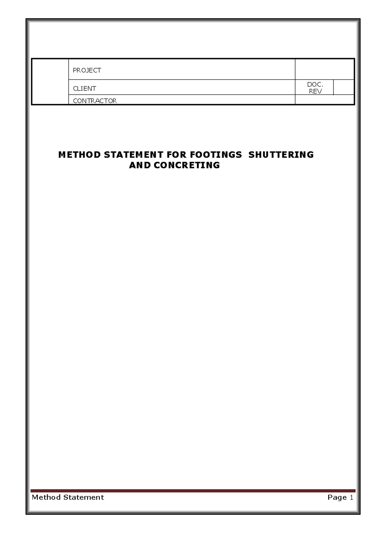 Method Statement For Footings Shuttering And Concreting - PROJECT CLIENT DOC. REV CONTRACTOR ...