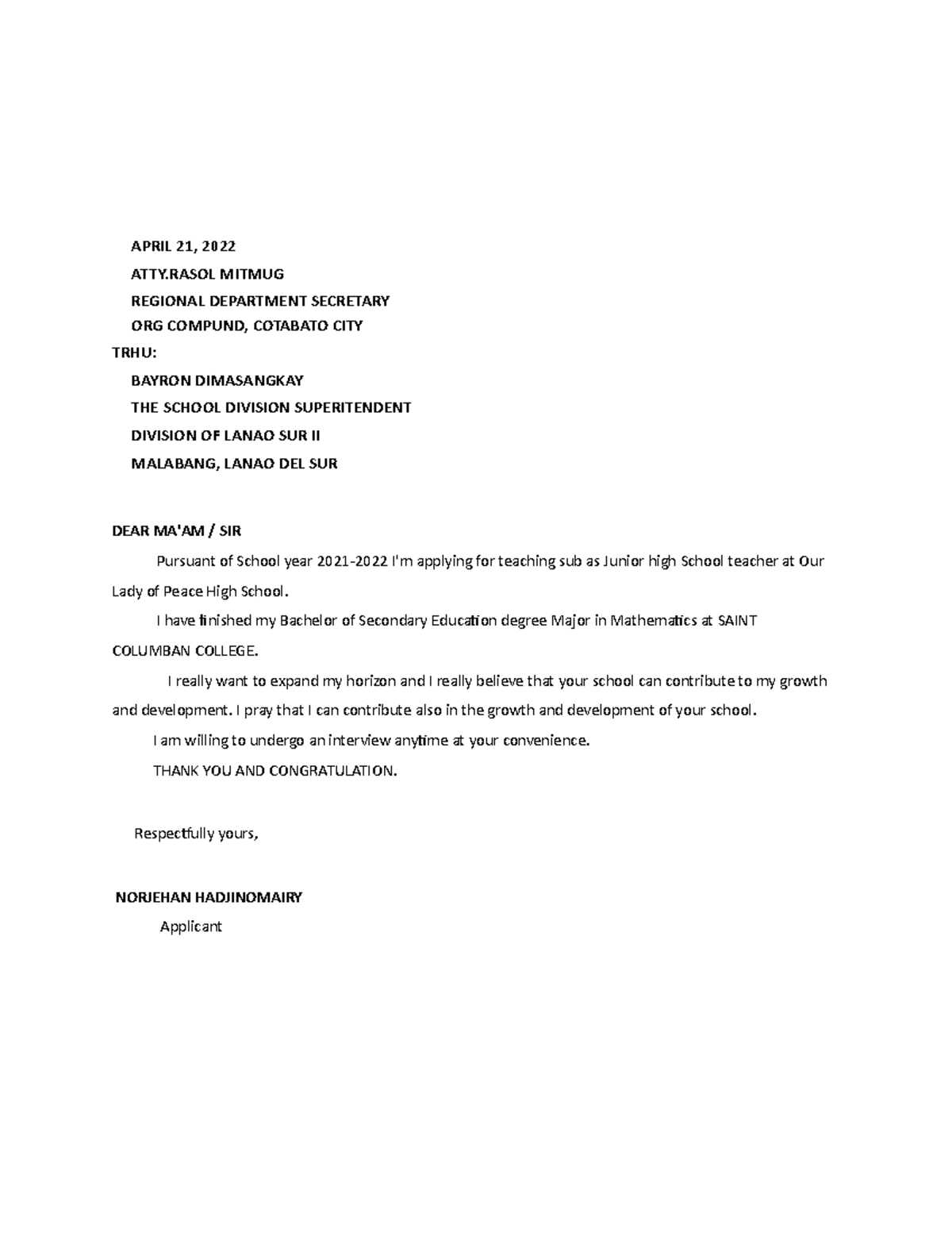 Application letter(jehan) - APRIL 21, 2022 ATTY MITMUG REGIONAL ...