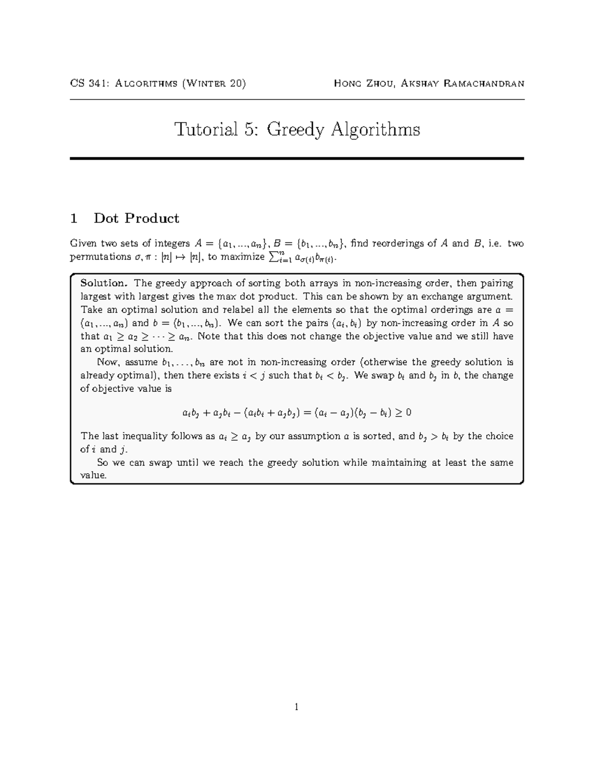 Tutorial 5 soln - abc - CS 341: Algorithms (Winter 20) Hong Zhou, Akshay Ramachandran Tutorial 5 ...