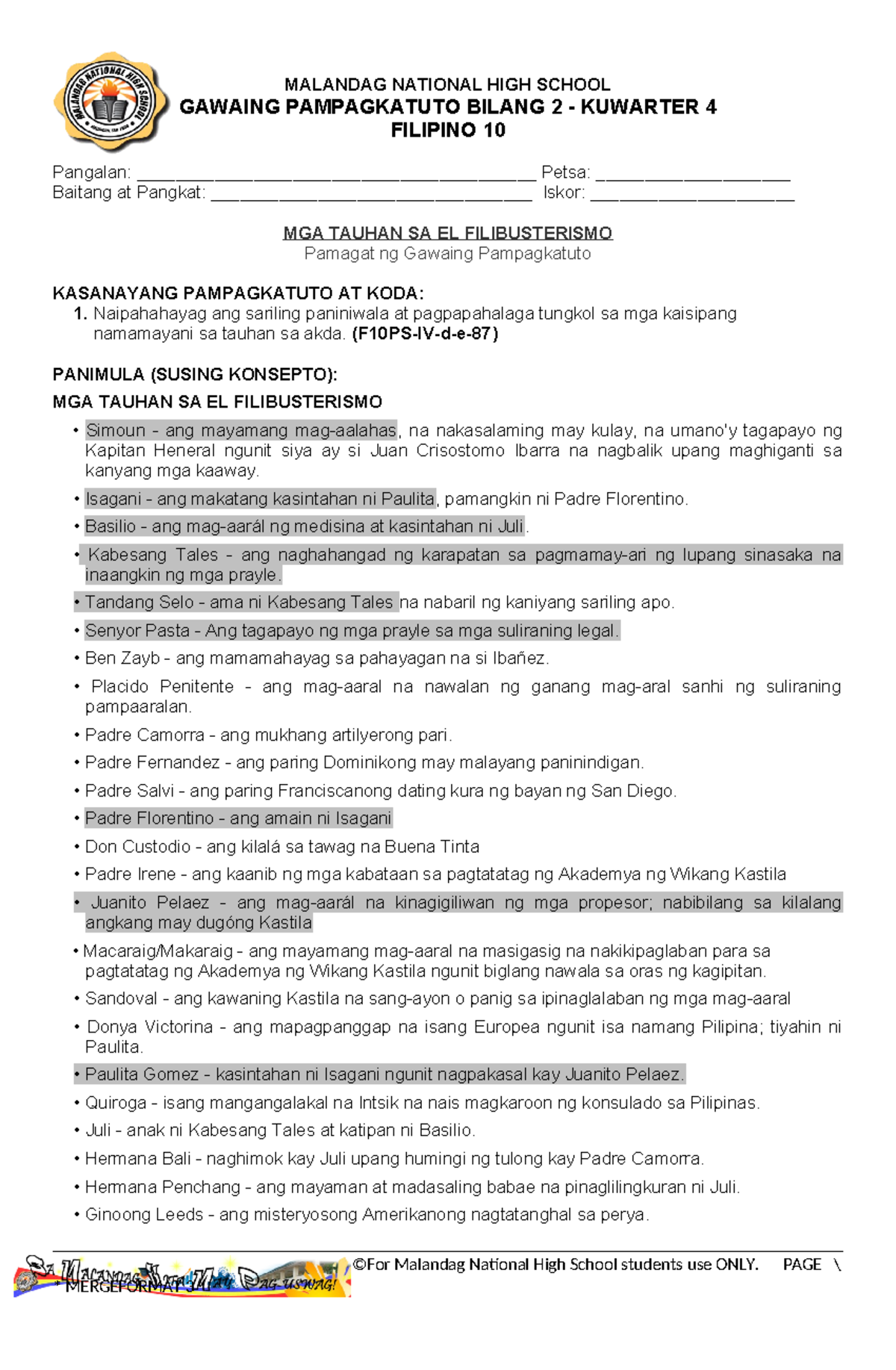 FIL10-Q4-LAS2 - for - MALANDAG NATIONAL HIGH SCHOOL GAWAING ...