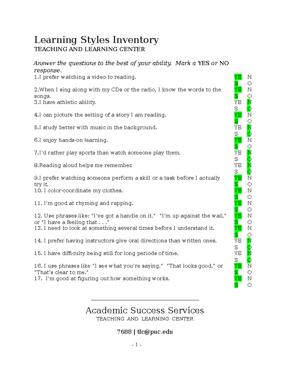Appendix 1 (Learning Styles Inventory Topic 1) - Learning Styles Inventory TEACHING AND LEARNING ...