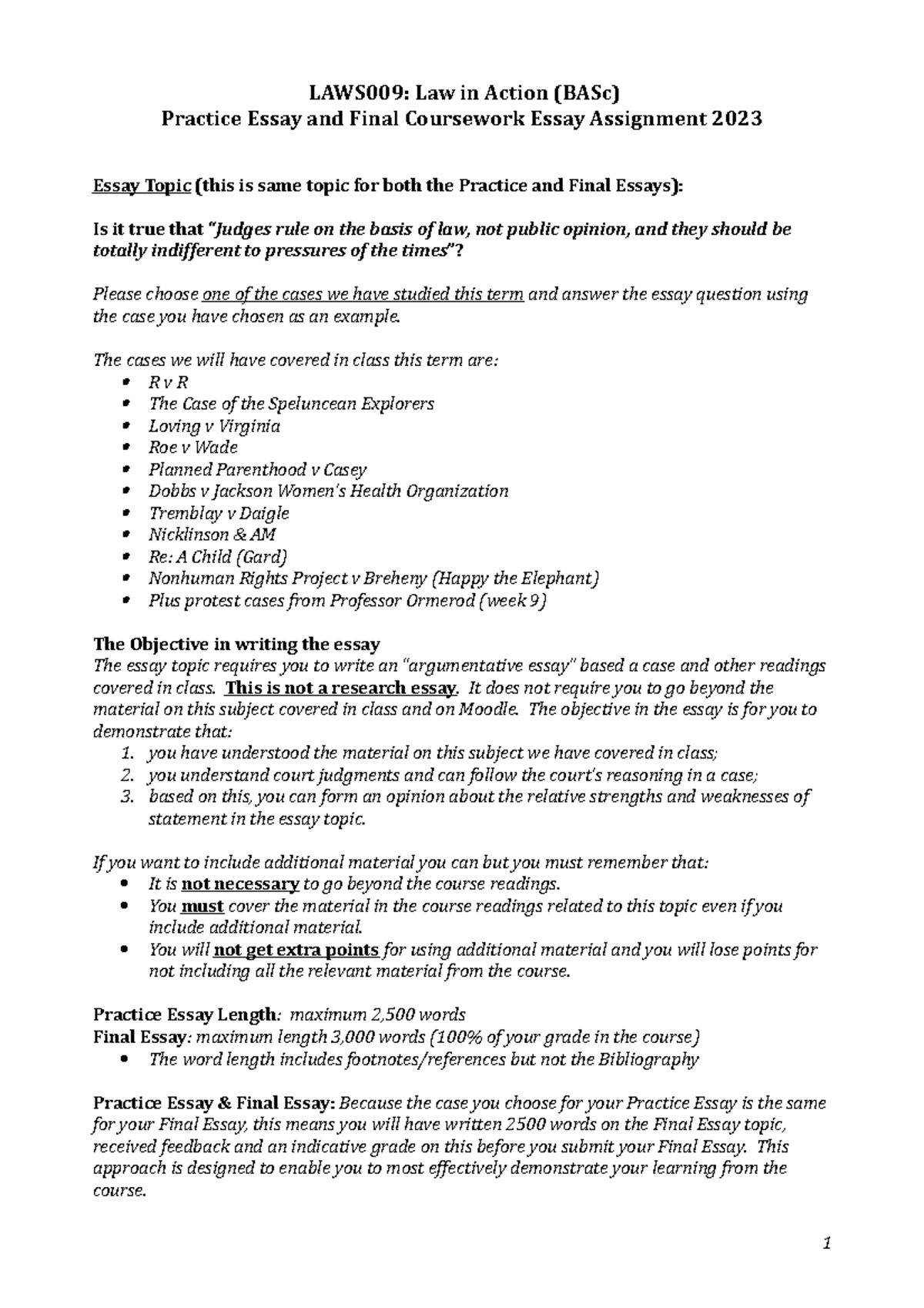 BASc Law in Action Practice and Final Essay Assignment 2023 - LAWS009 ...