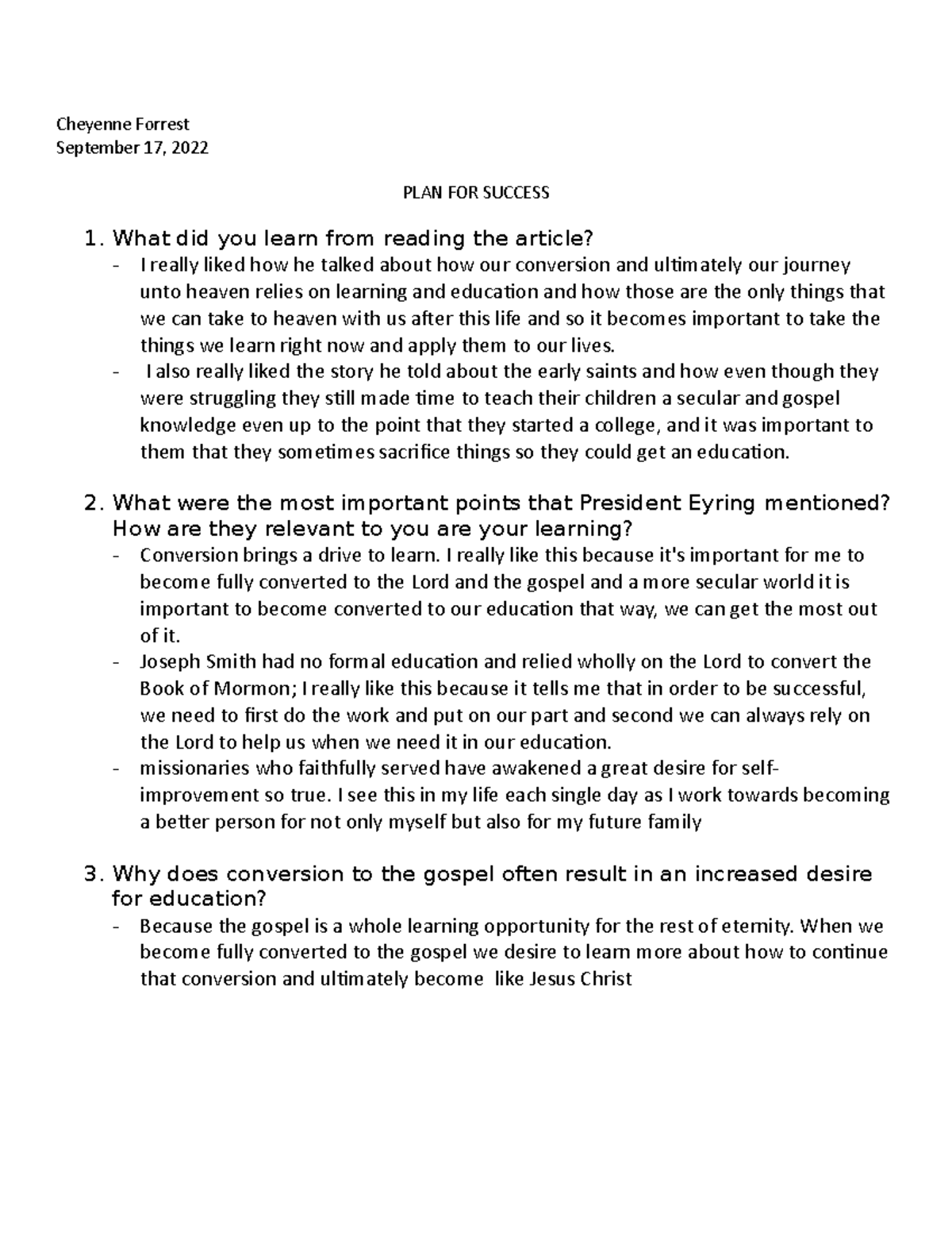 Plan For Success - Cheyenne Forrest September 17, 2022 PLAN FOR SUCCESS ...