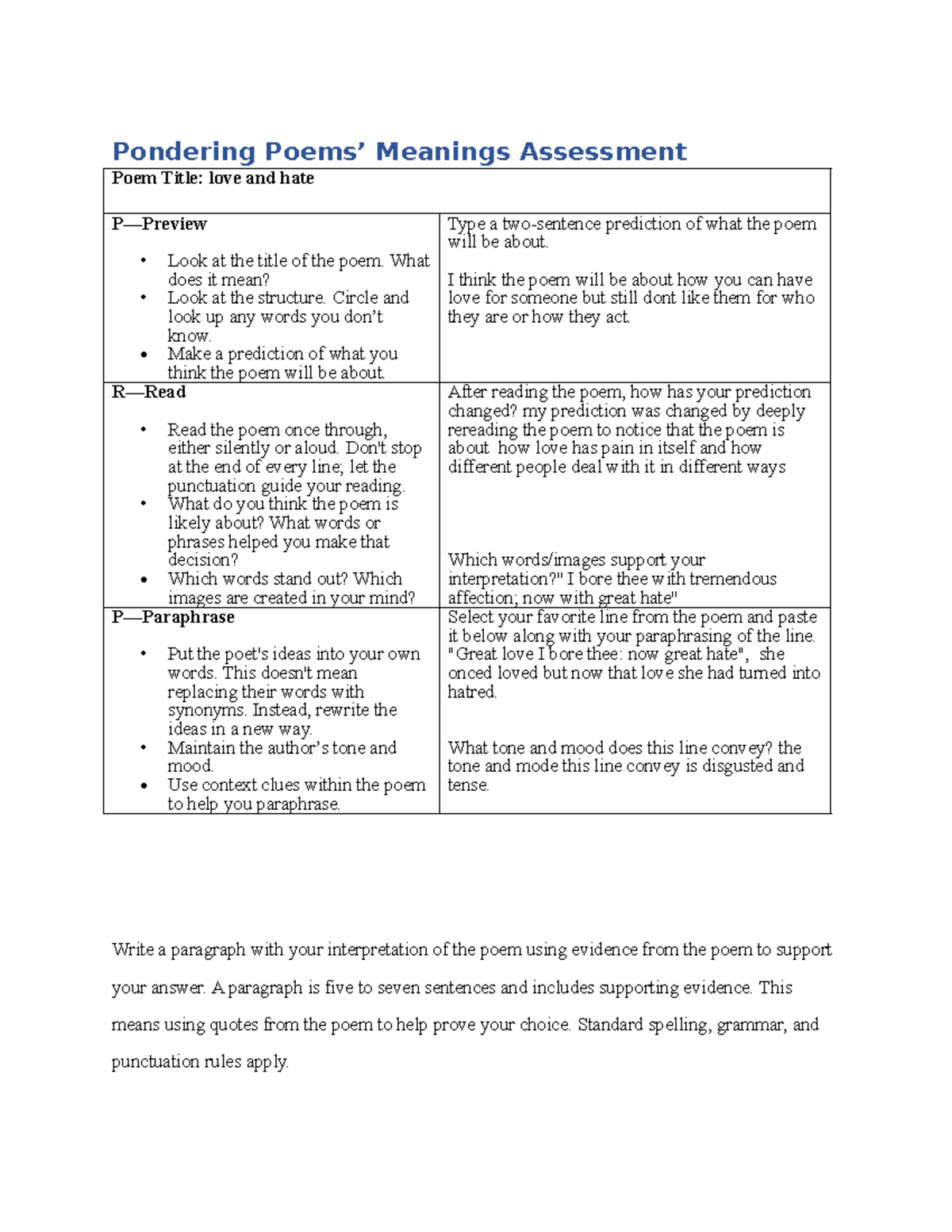 Pondering poems assess rubric - Pondering Poems’ Meanings Assessment ...