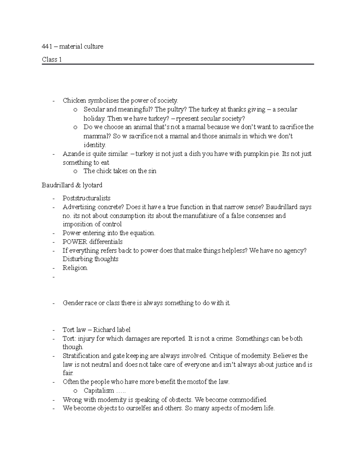 Class 1 outline - notes - 441 – material culture Class 1 - Chicken ...