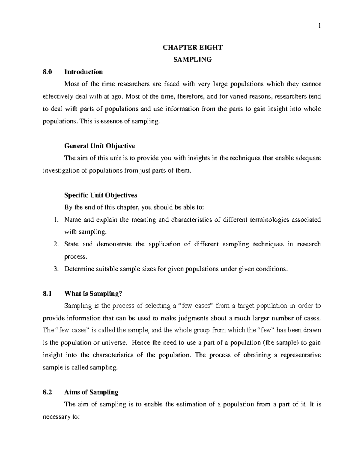 Chapter 08 Research - CHAPTER EIGHT SAMPLING 8 Introduction Most of the ...