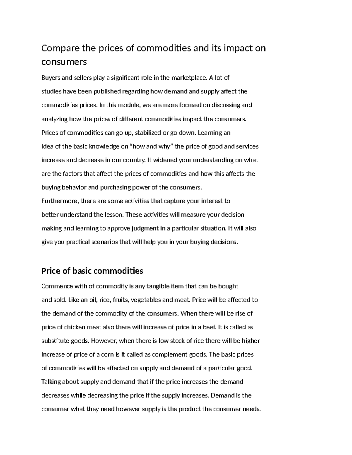 Lesson 6. Compare the prices of commodities and its impact on consumers ...