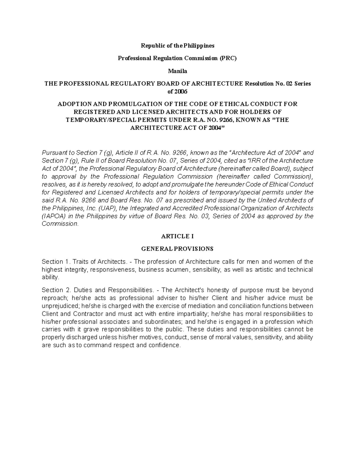 CODE OF Ethics - Republic of the Philippines Professional Regulation ...