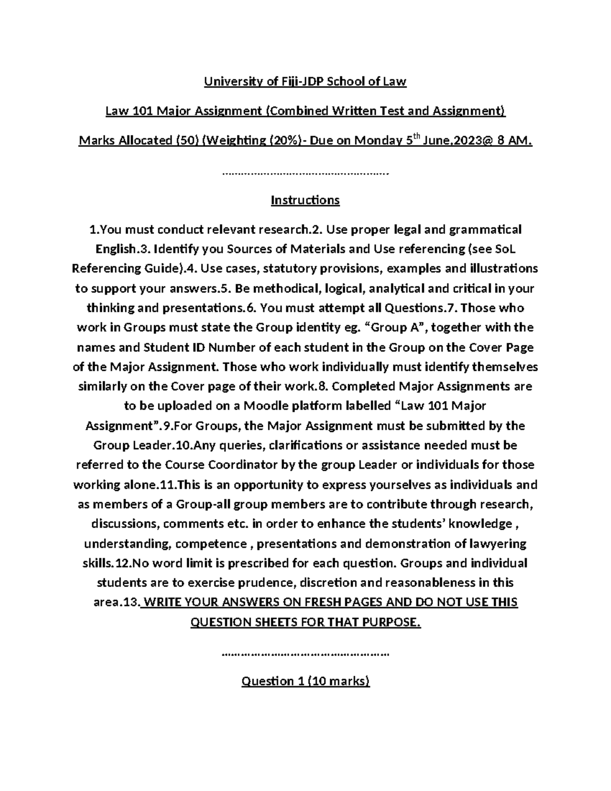 Law 101 Major Combined Assignment (20%) - University of Fiji-JDP School of Law Law 101 Major ...