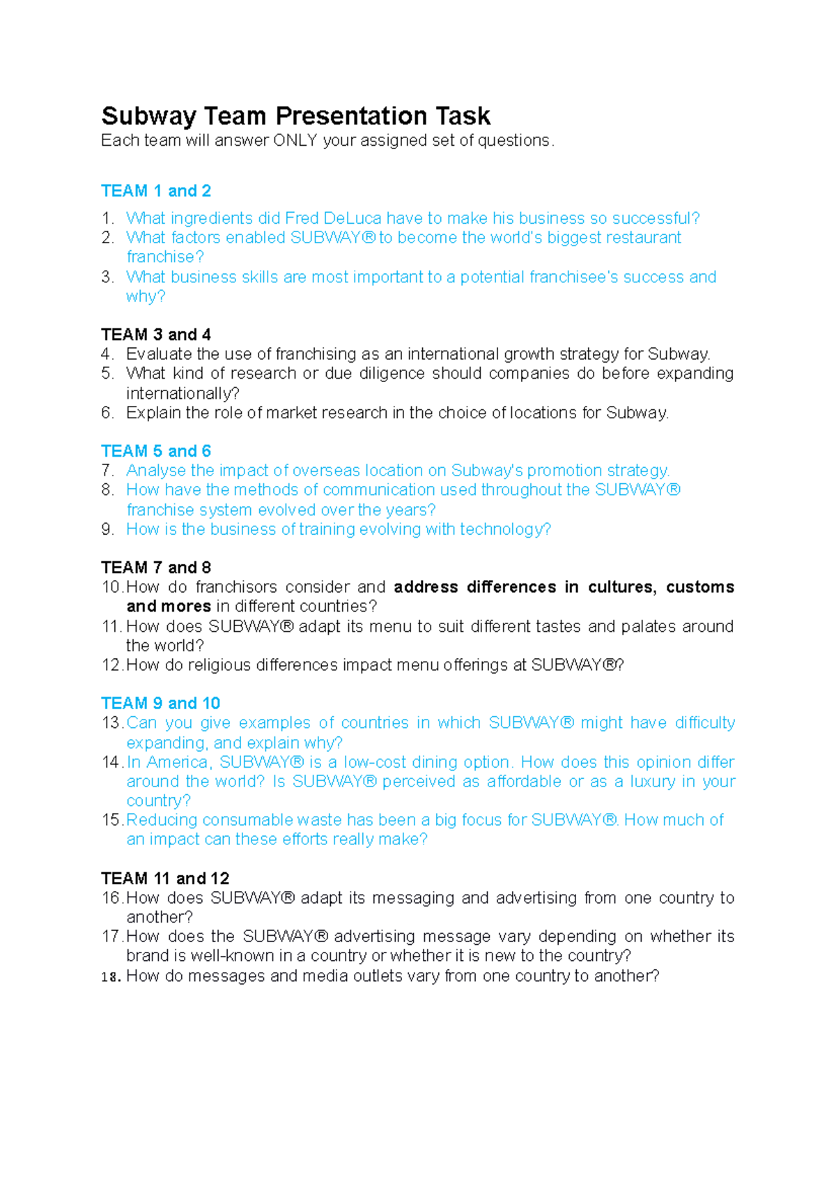 Subway team questions (6 teams) - Subway Team Presentation Task Each ...