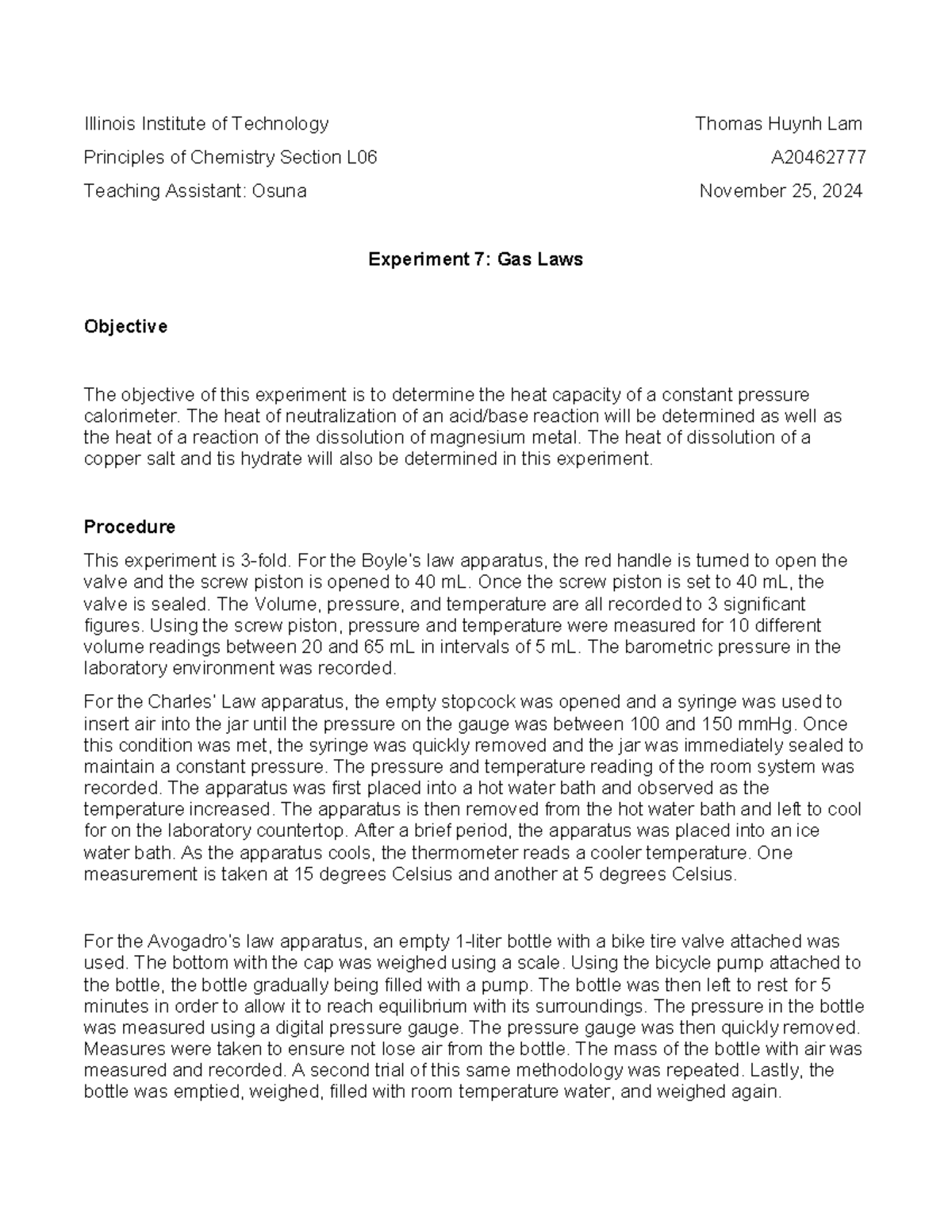 Experiment 7 Lab Report - Illinois Institute of Technology Thomas Huynh ...