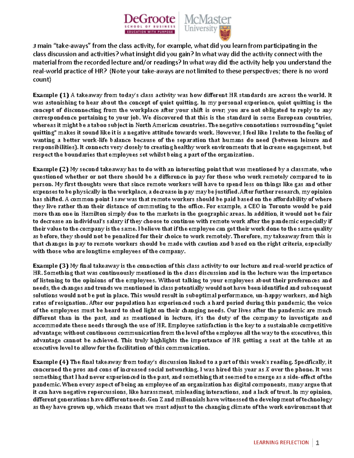Reflection sample - LEARNING REFLECTION 1 3 main “take-aways” from the ...